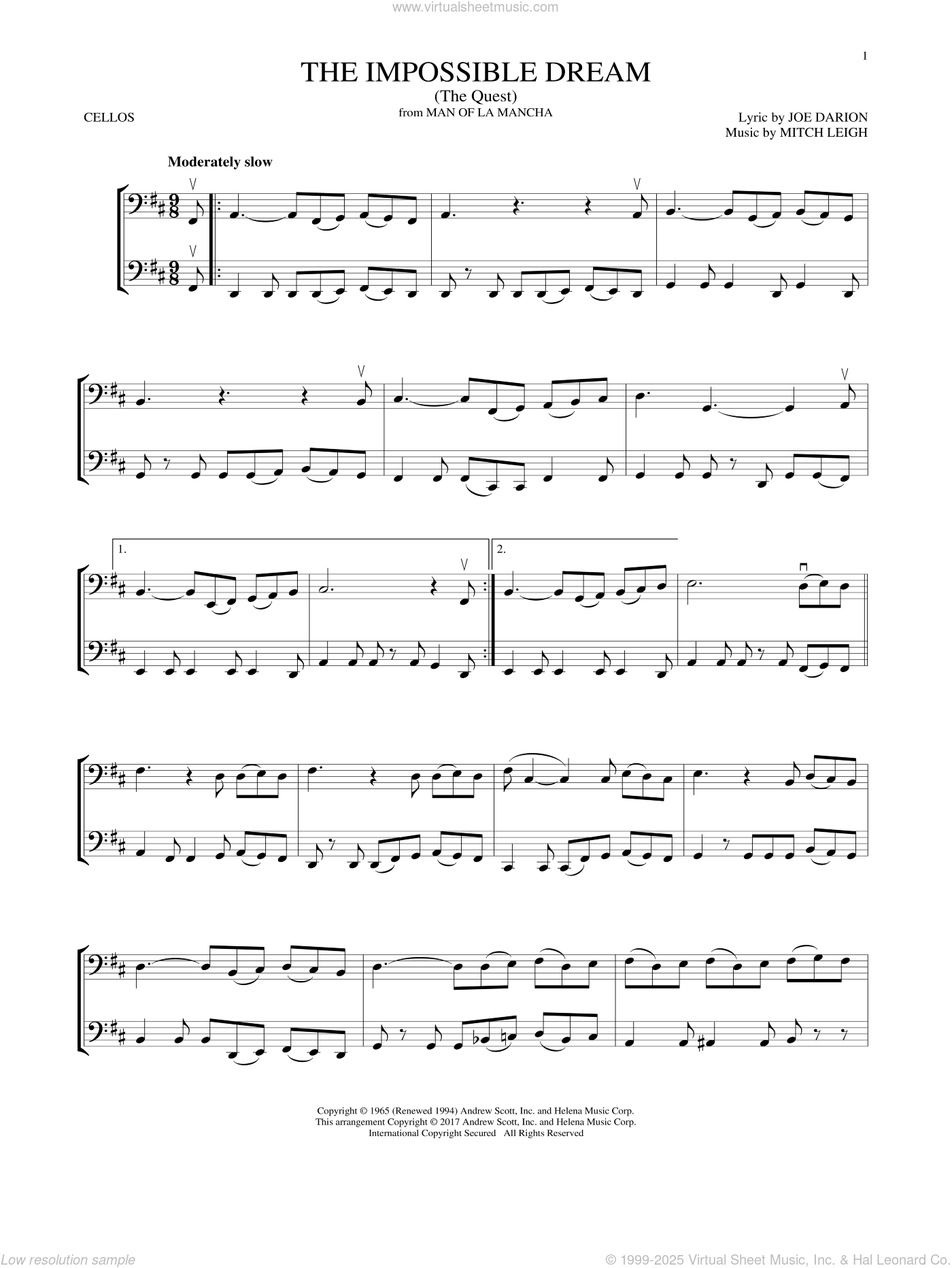 The Impossible Dream (The Quest) sheet music for two cellos (duet, duets)