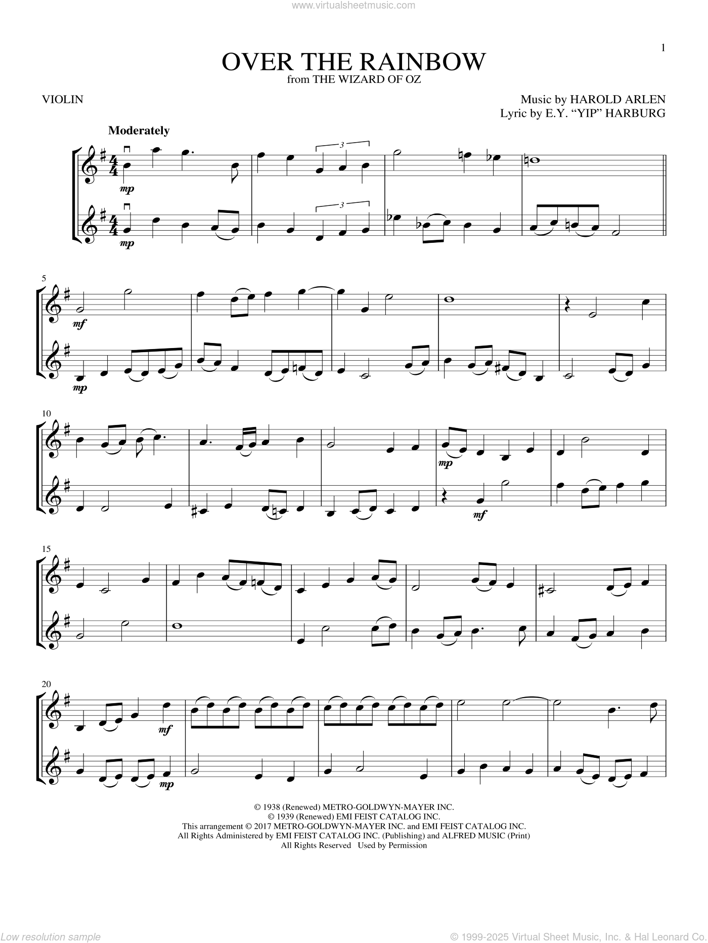 Over The Rainbow sheet music for two violins (duets, violin duets)