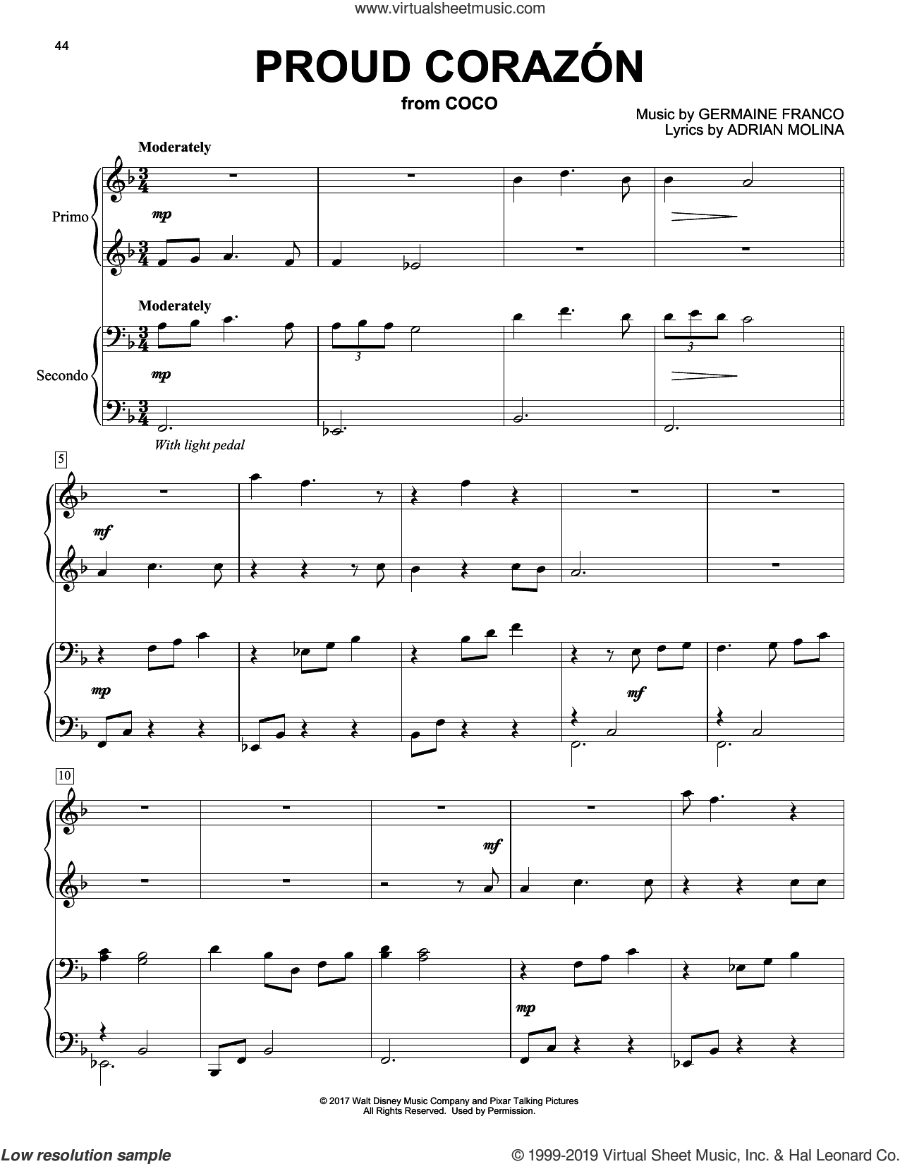 Proud Corazon (from Coco) sheet music for piano four hands (PDF)