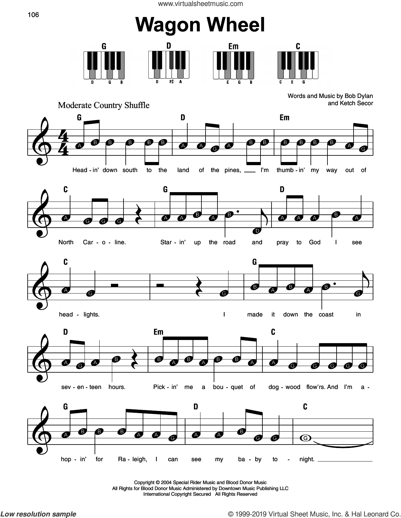 Wagon Wheel sheet music for piano solo (PDF)