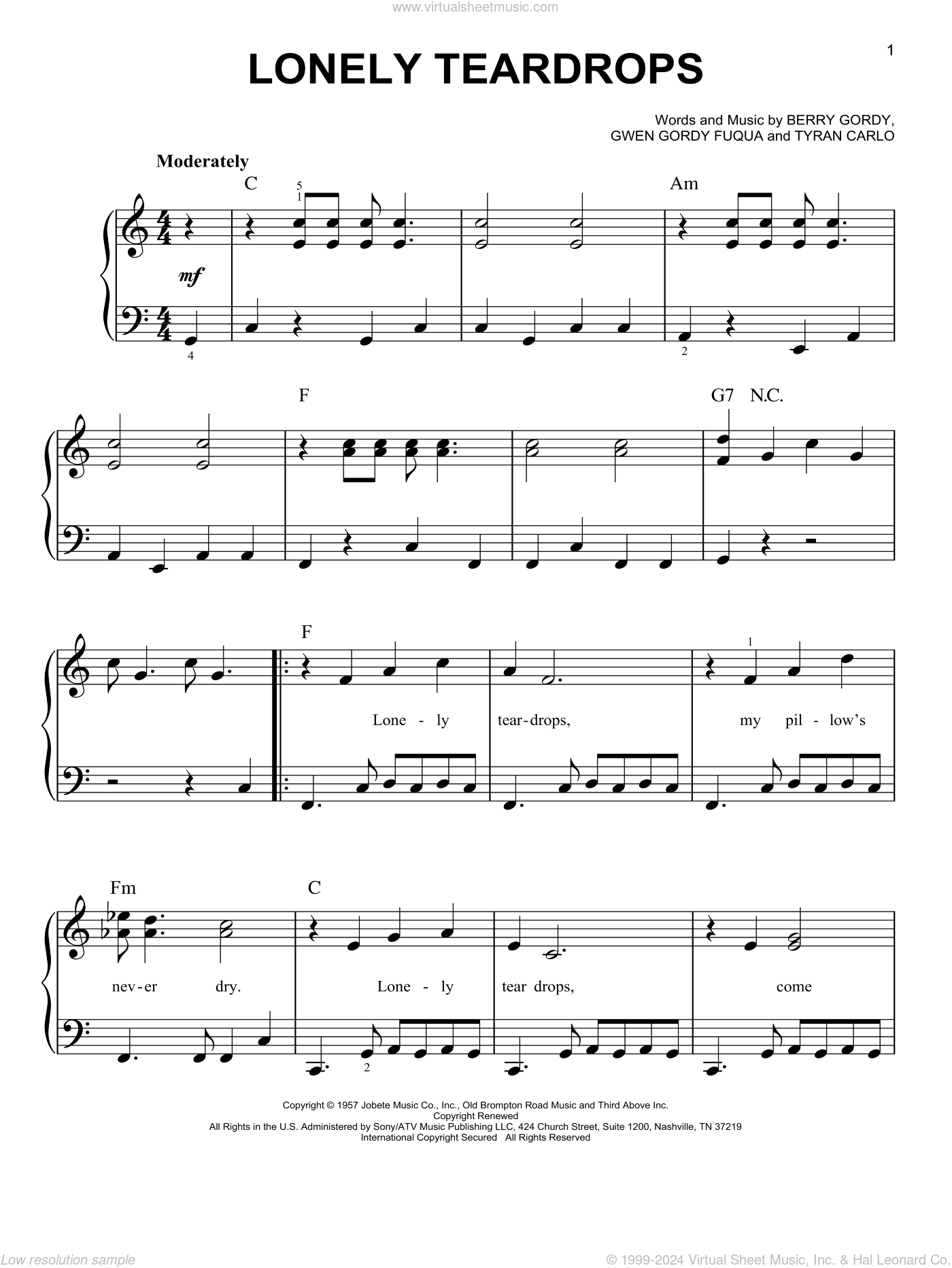 Lonely Teardrops sheet music for piano solo (PDF-interactive)