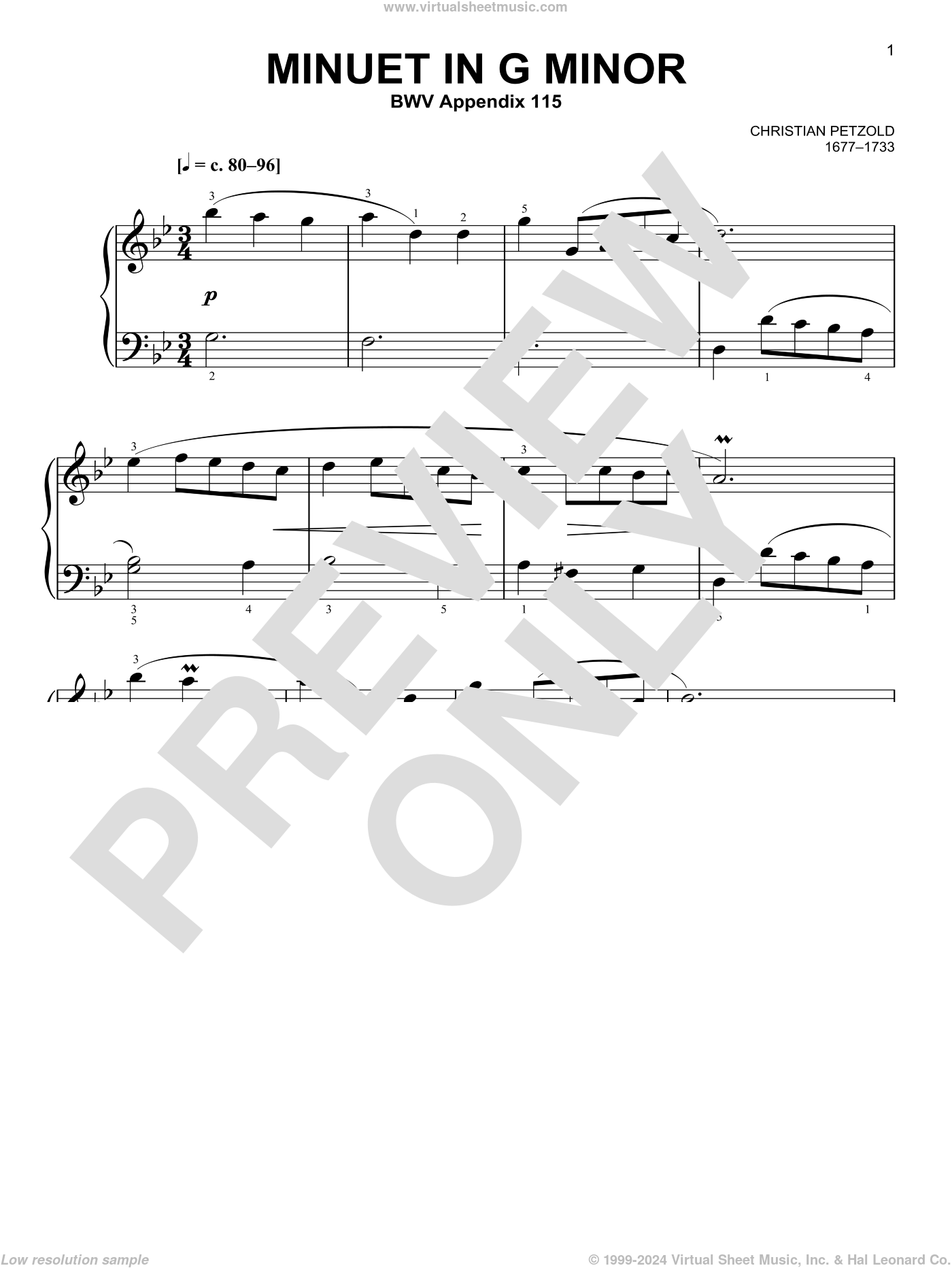 Minuet In G Minor, BWV Anh. 115 sheet music (easy) for piano solo