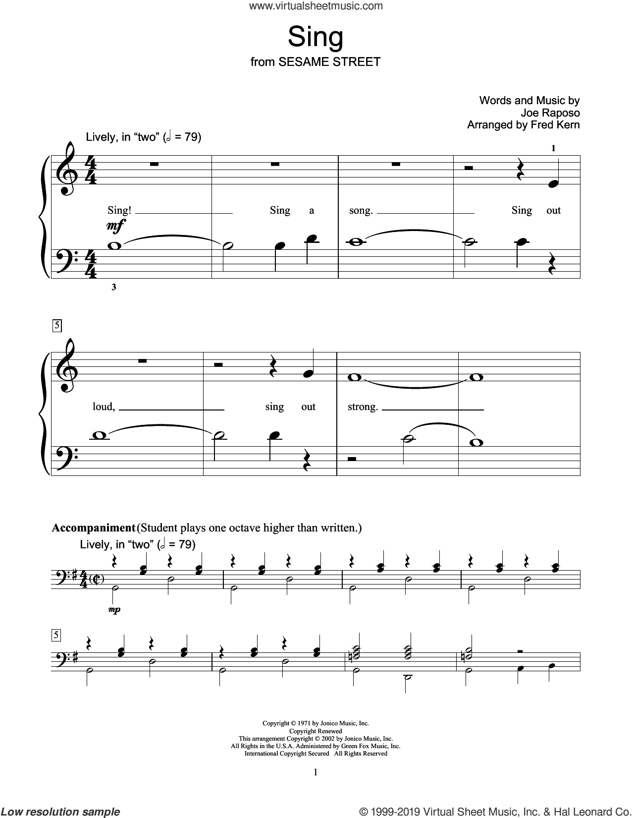 Sing (arr. Fred Kern) sheet music for piano solo (elementary) v2