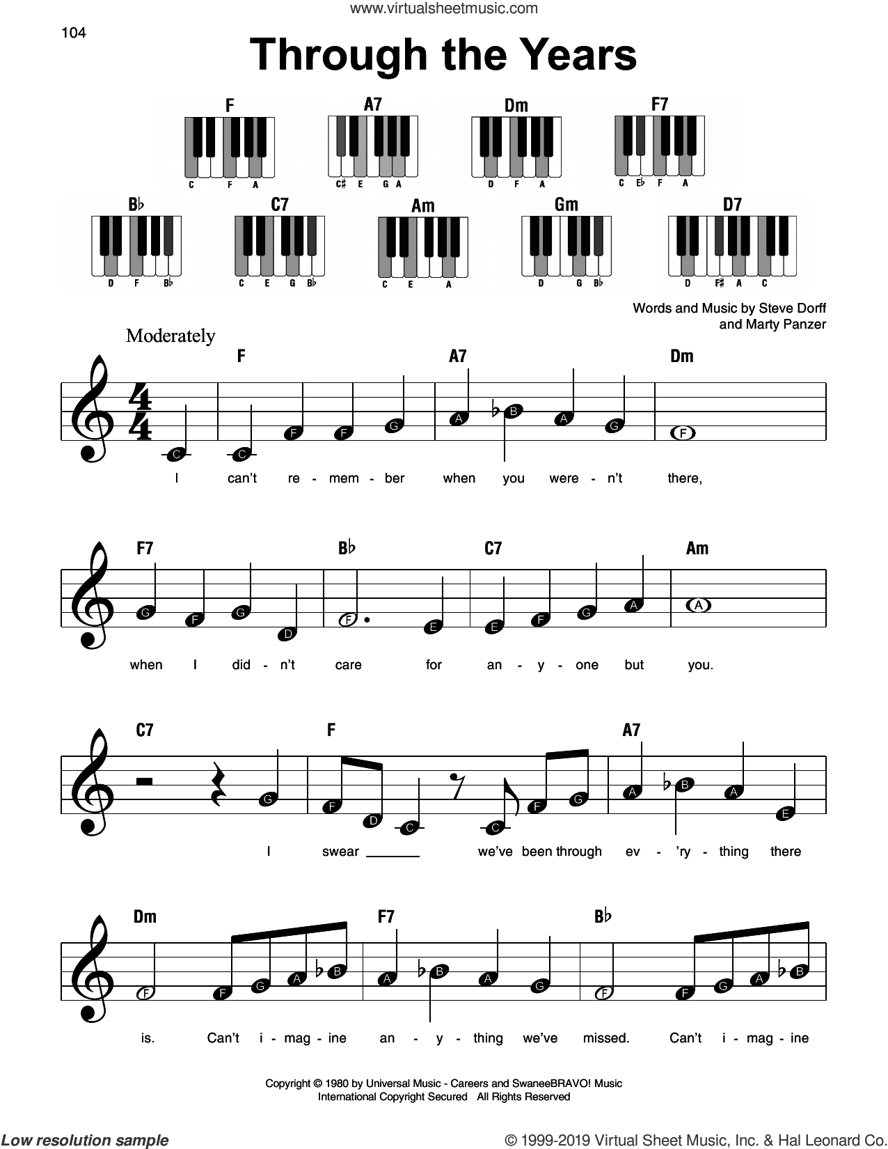 Through The Years, (beginner) sheet music for piano solo (PDF)
