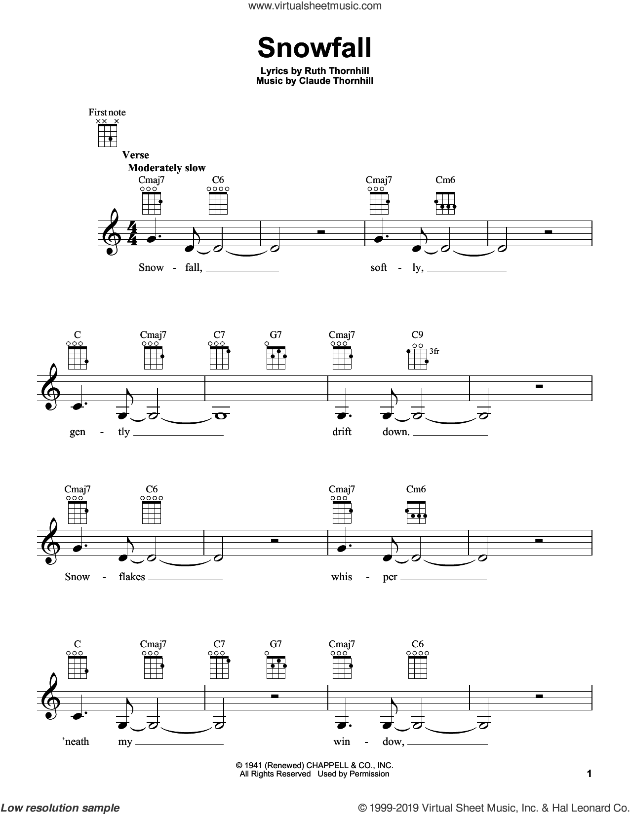Snowfall sheet music for ukulele (PDF-interactive)