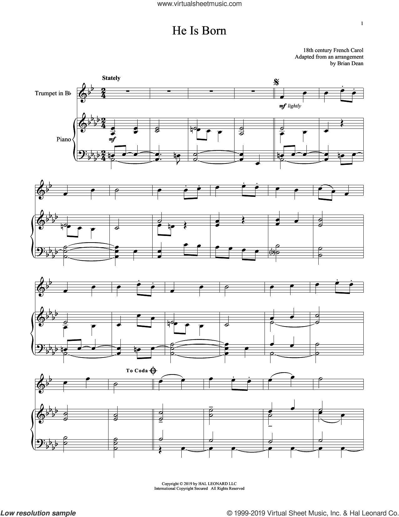 He Is Born sheet music for trumpet and piano (PDF-interactive)
