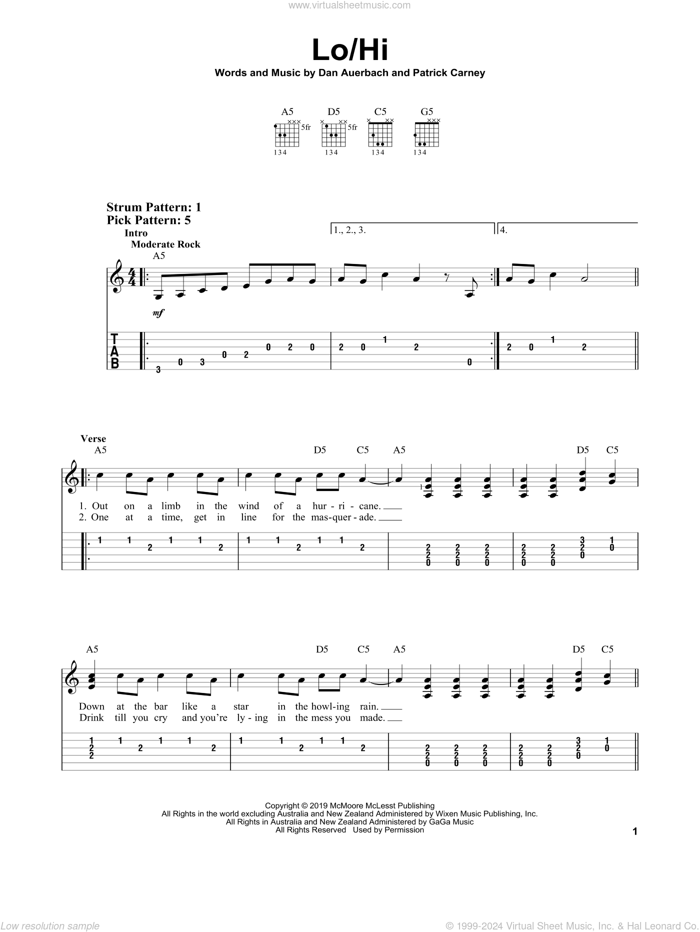 Lo/Hi sheet music for guitar solo (easy tablature) (PDF)