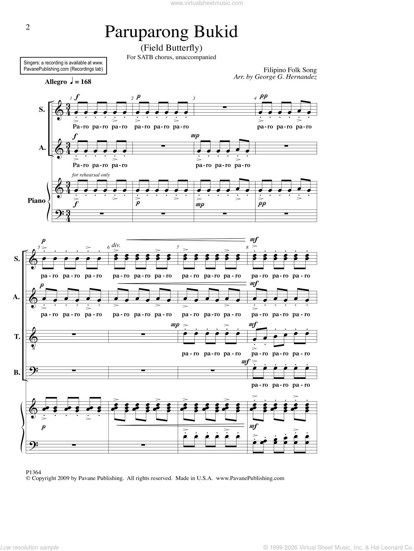 Paruparong Bukid (Field Butterfly) (arr. George Hernandez) sheet music ...