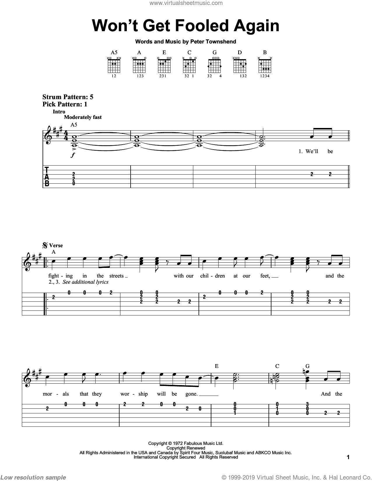 Won't Get Fooled Again sheet music (easy) for guitar solo (chords)
