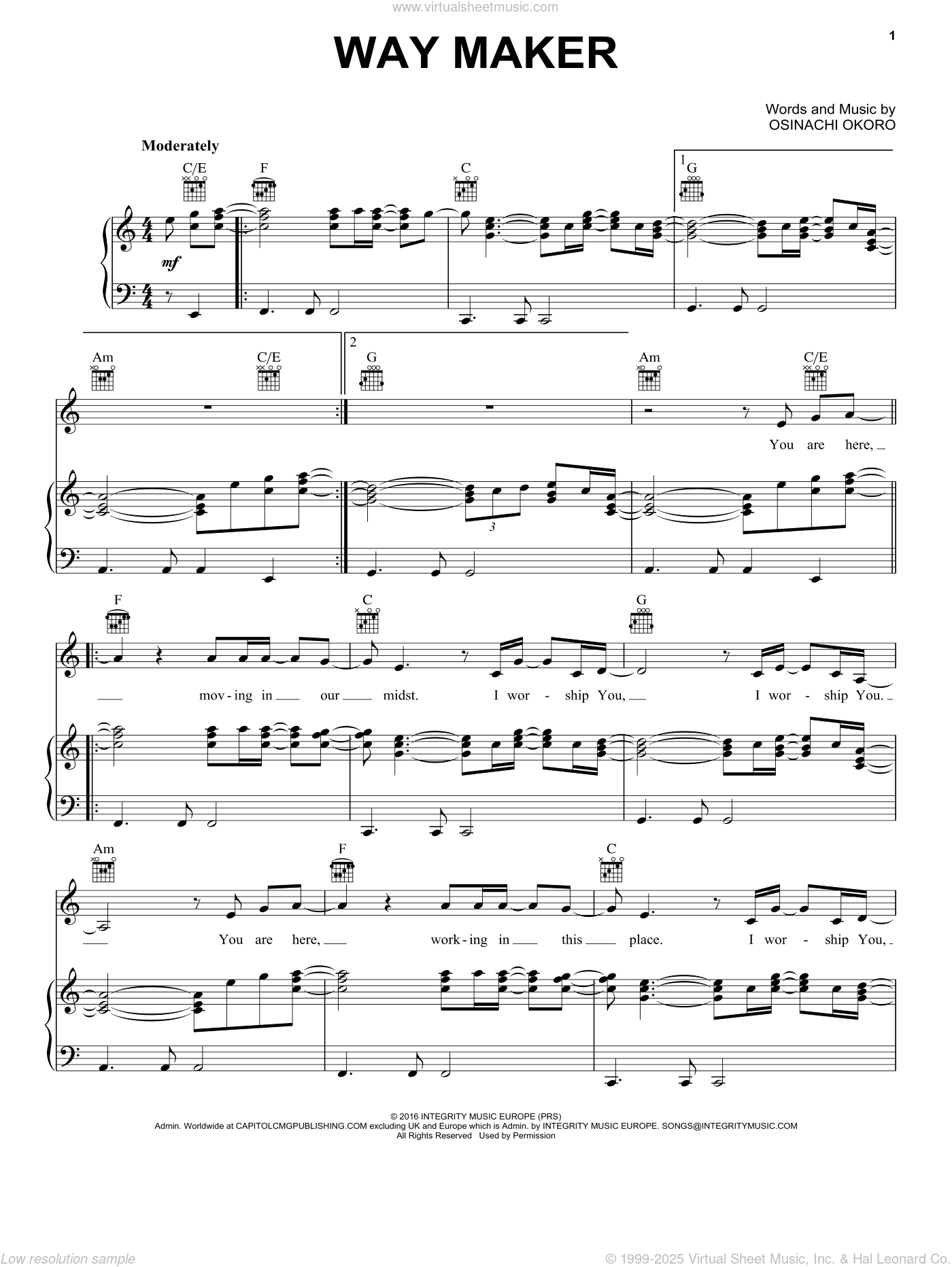 Way Maker sheet music for voice, piano or guitar (PDF)