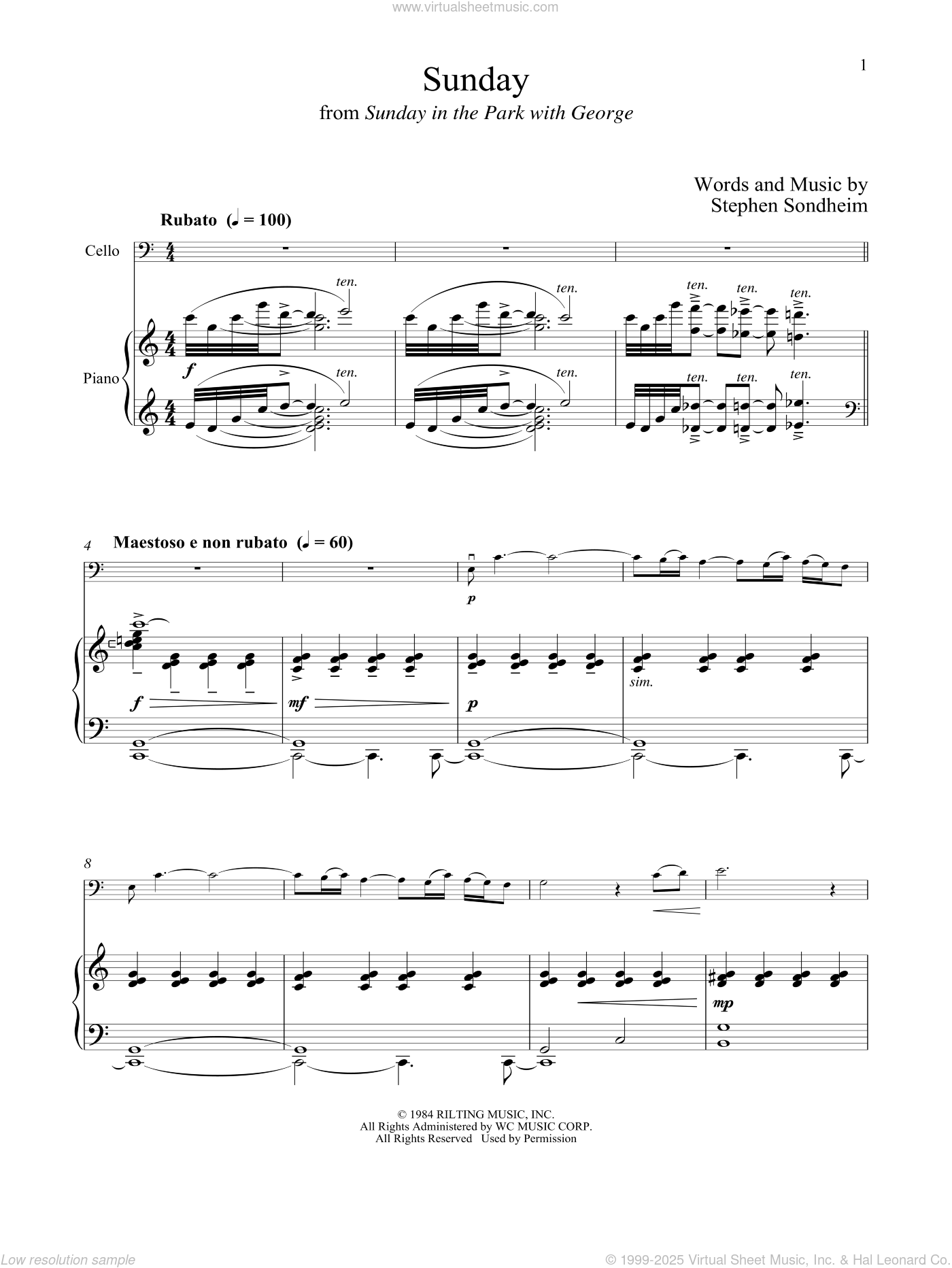 Sunday (from Sunday in the Park with George) sheet music for cello and ...