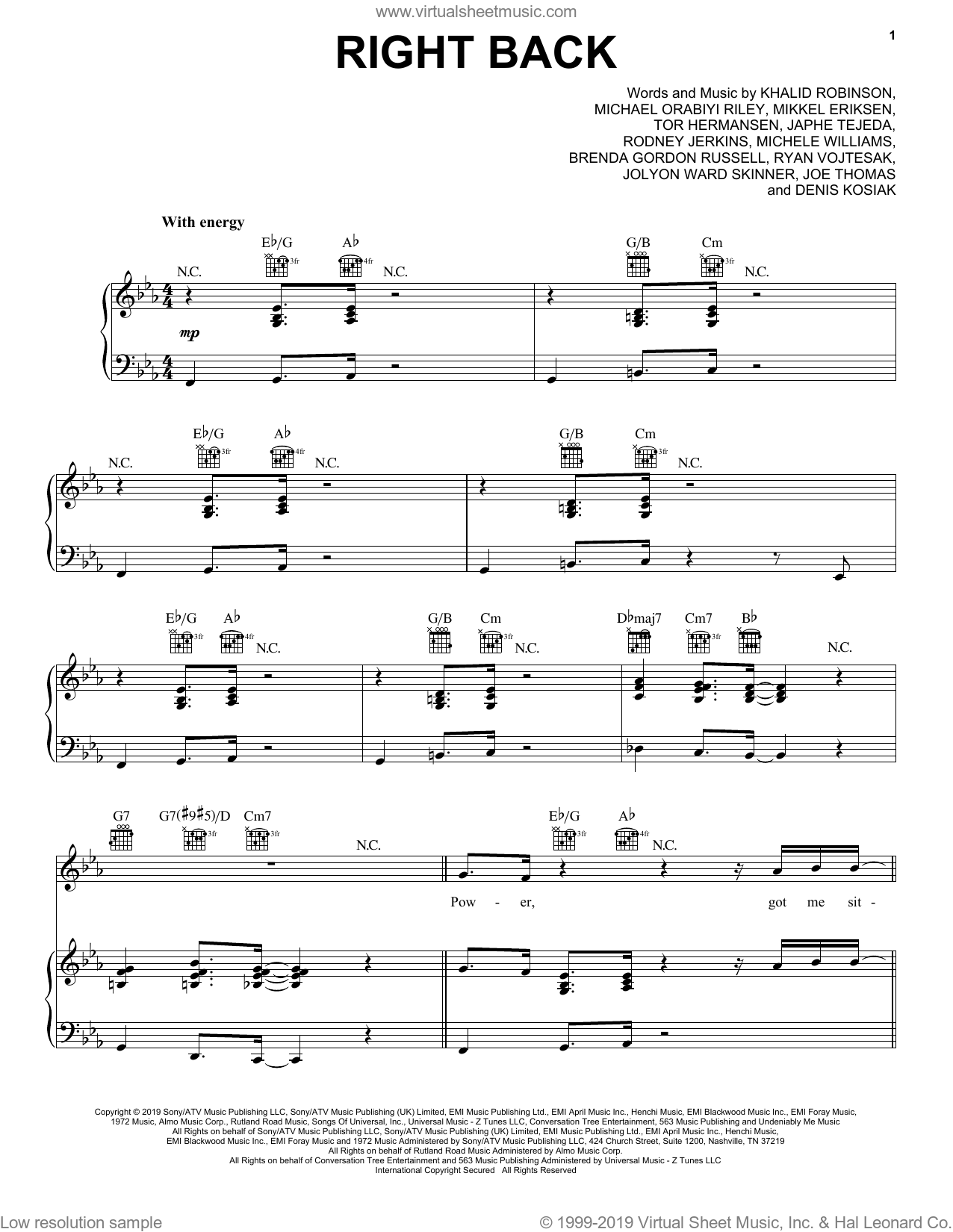 Right Back sheet music for voice, piano or guitar (PDF)