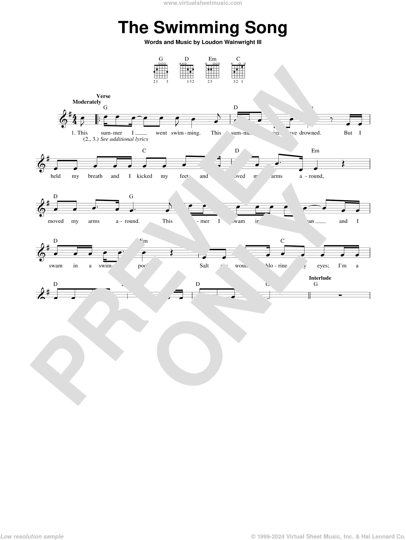 The Swimming Song sheet music for guitar solo (chords) (PDF)
