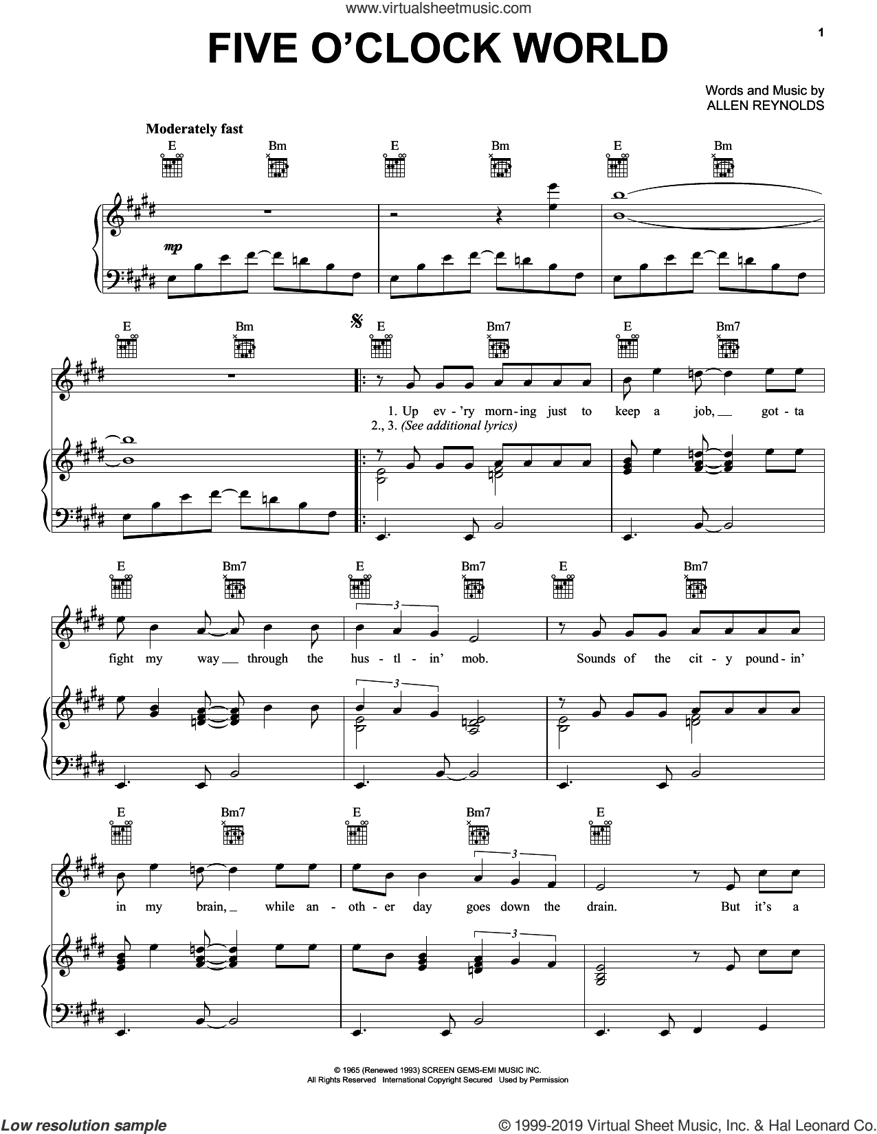 Five O'Clock World sheet music for voice, piano or guitar (PDF)