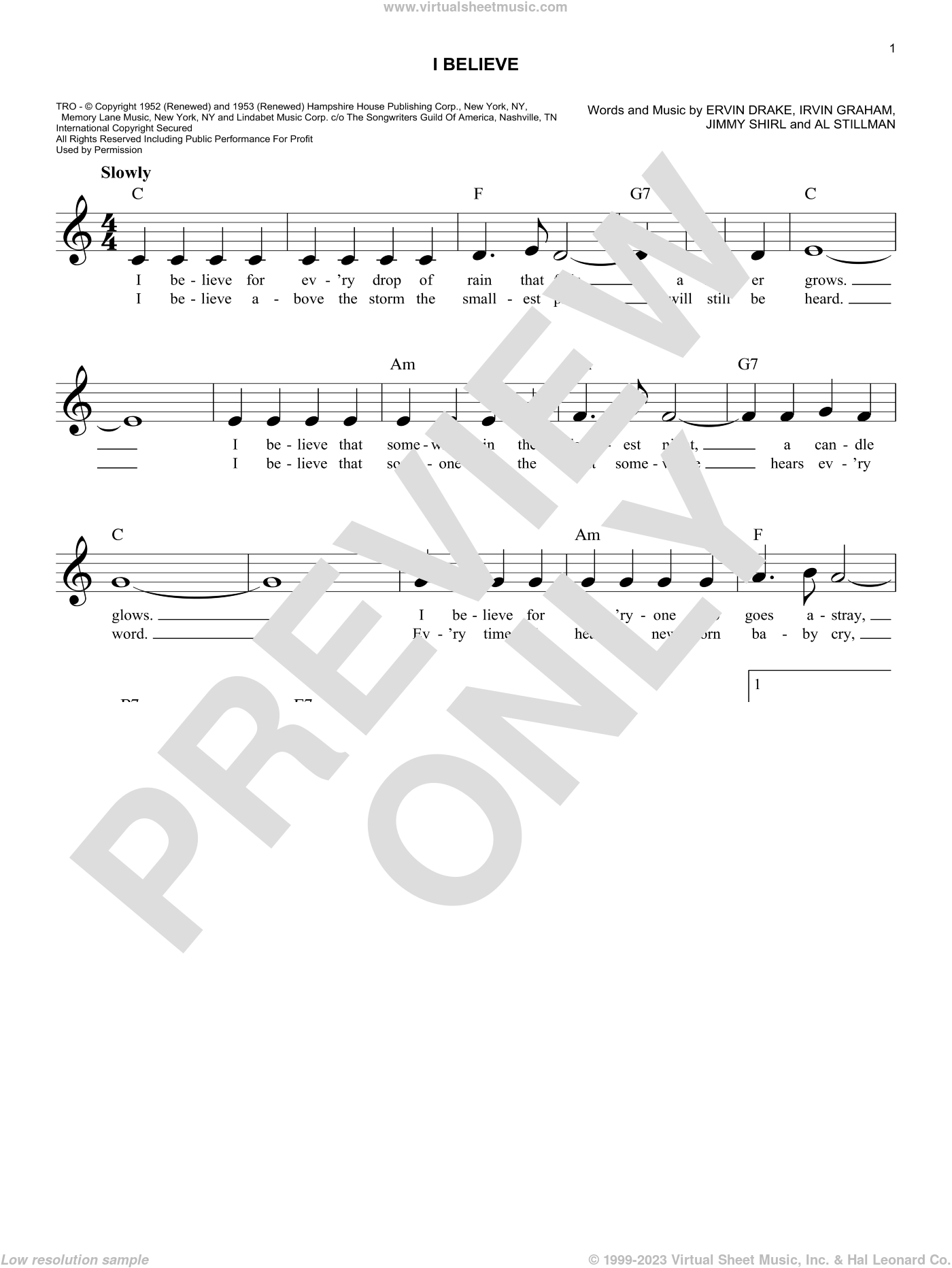Al Stillman: I Believe sheet music (fake book) (PDF)