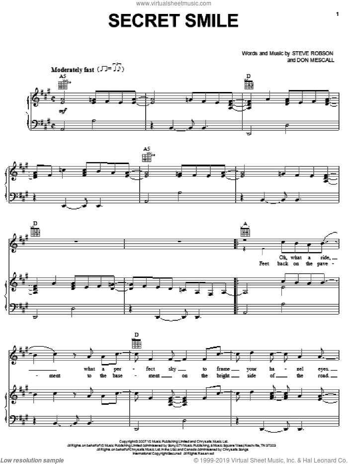 Secret Smile sheet music for voice, piano or guitar (PDF)
