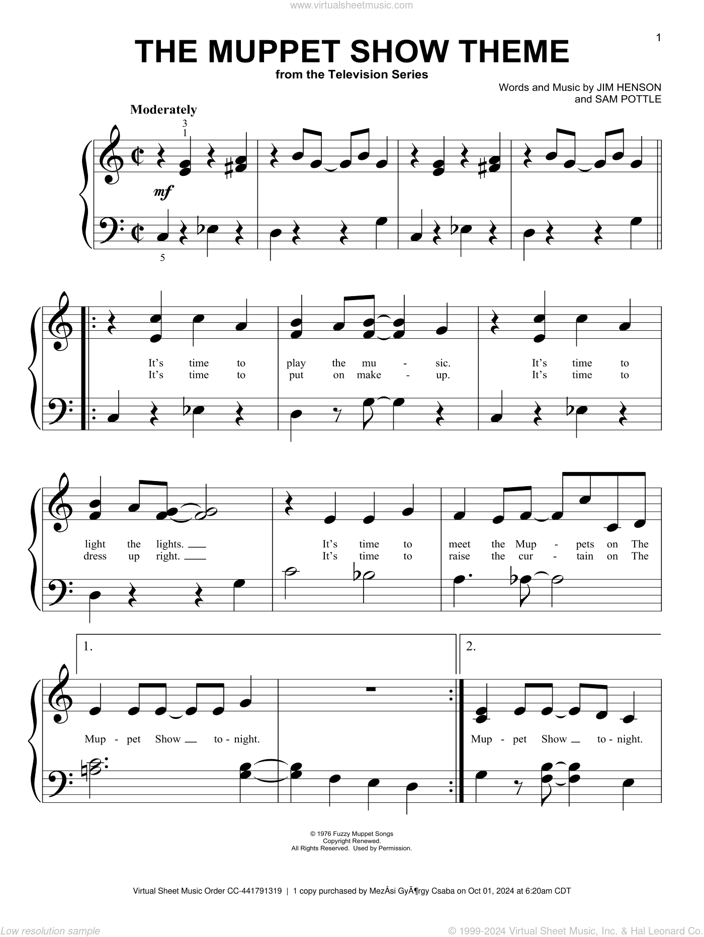 The Muppet Show Theme sheet music for piano solo (big note book)