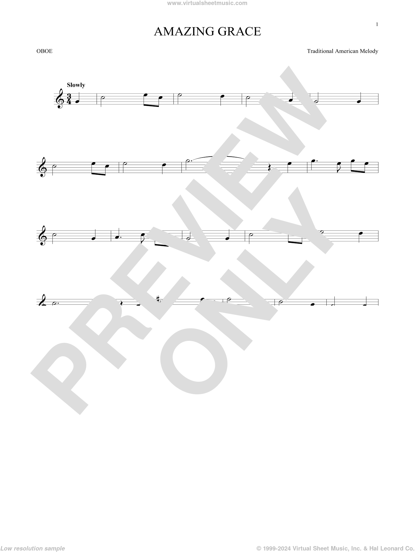 Amazing Grace sheet music for oboe solo (PDF-interactive)