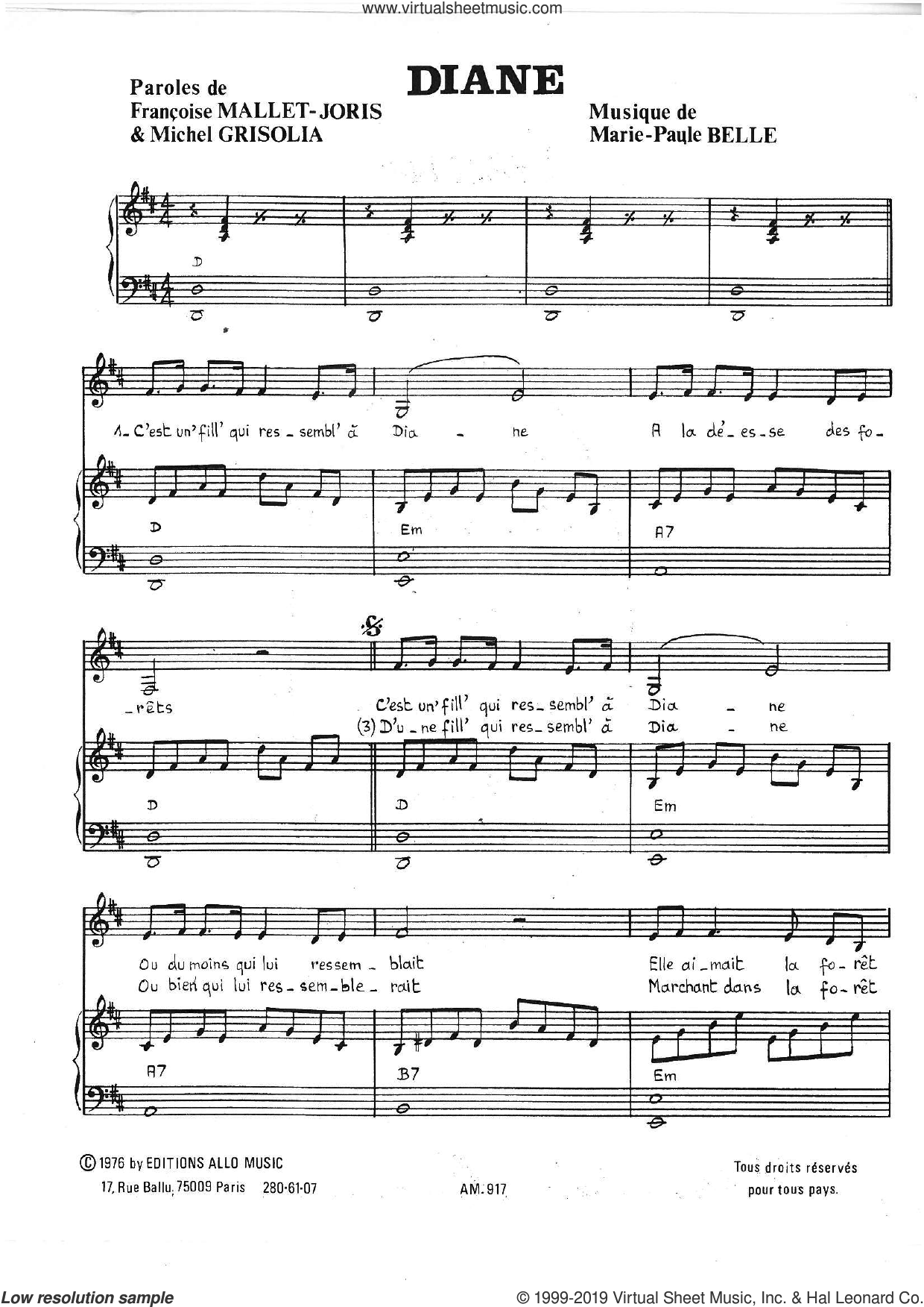 Diane sheet music for voice and piano (PDF)