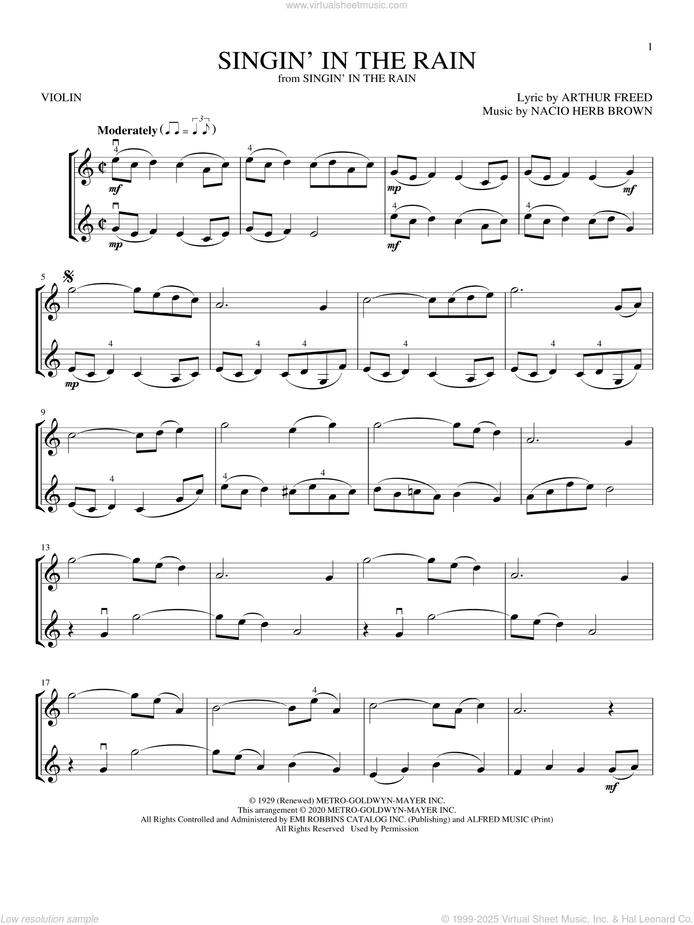 Singin' In The Rain sheet music for two violins (duets, violin duets)
