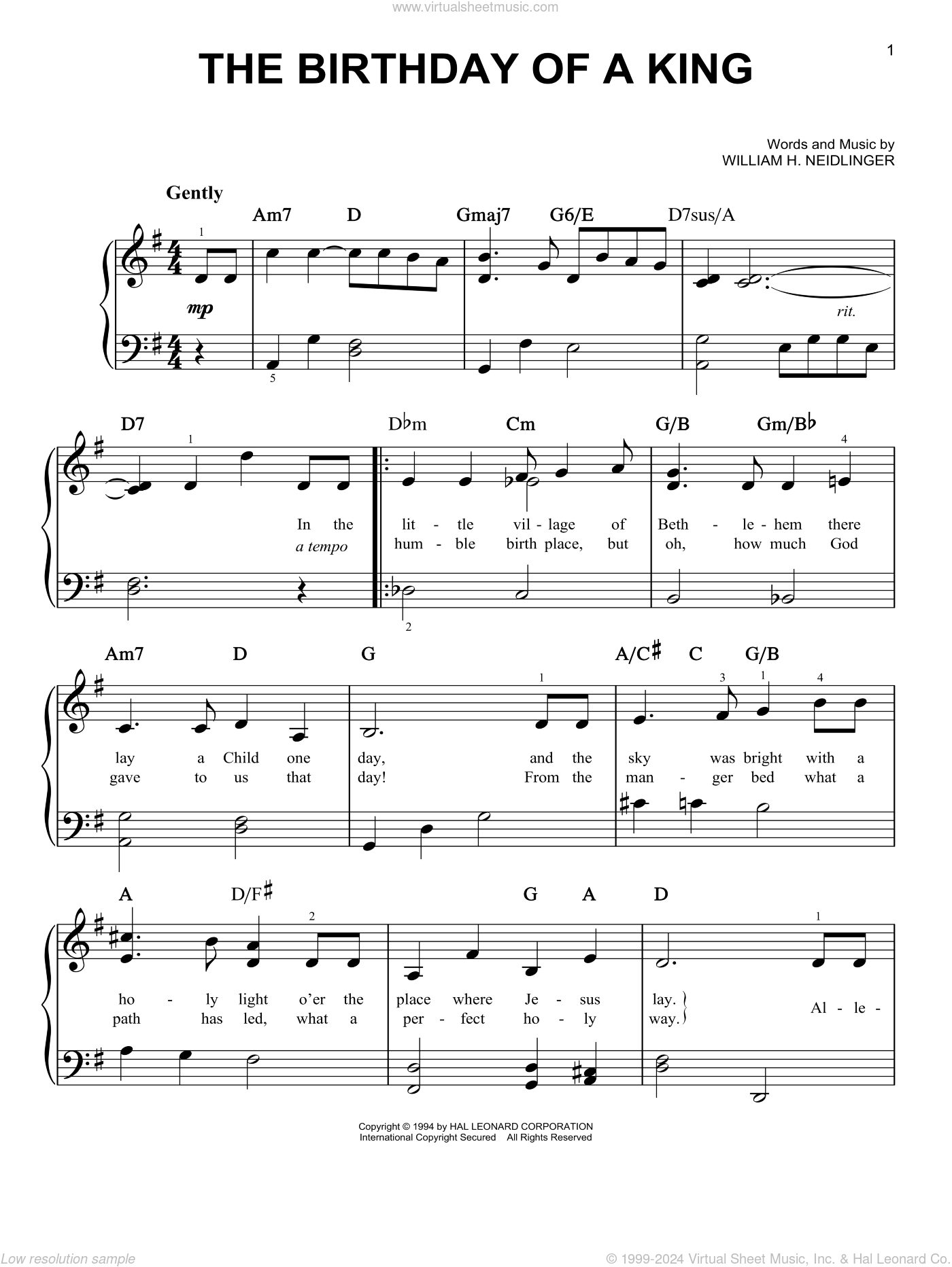 The Birthday Of A King, (easy) sheet music for piano solo (PDF)