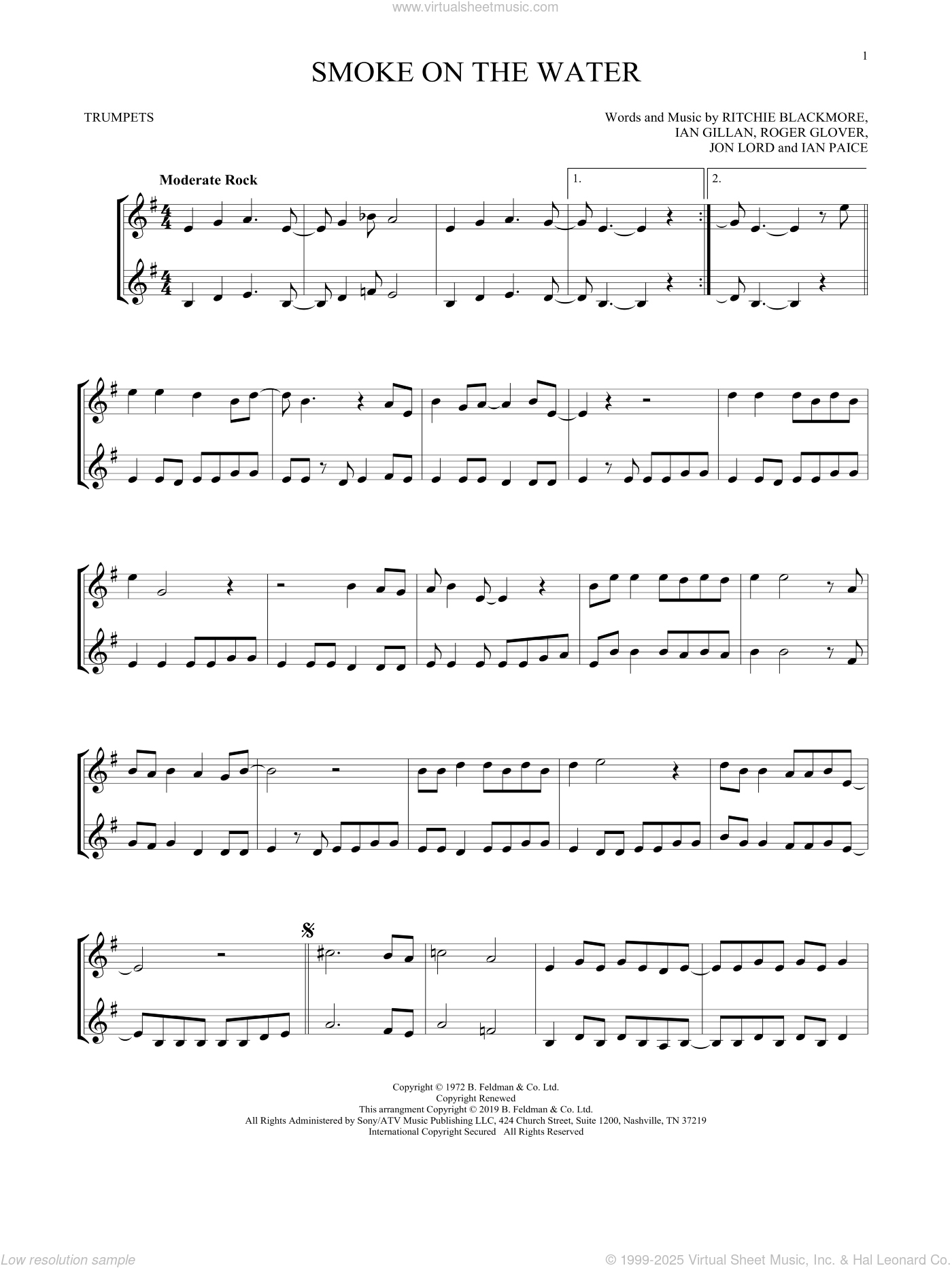 Smoke On The Water sheet music for two trumpets (duet, duets)
