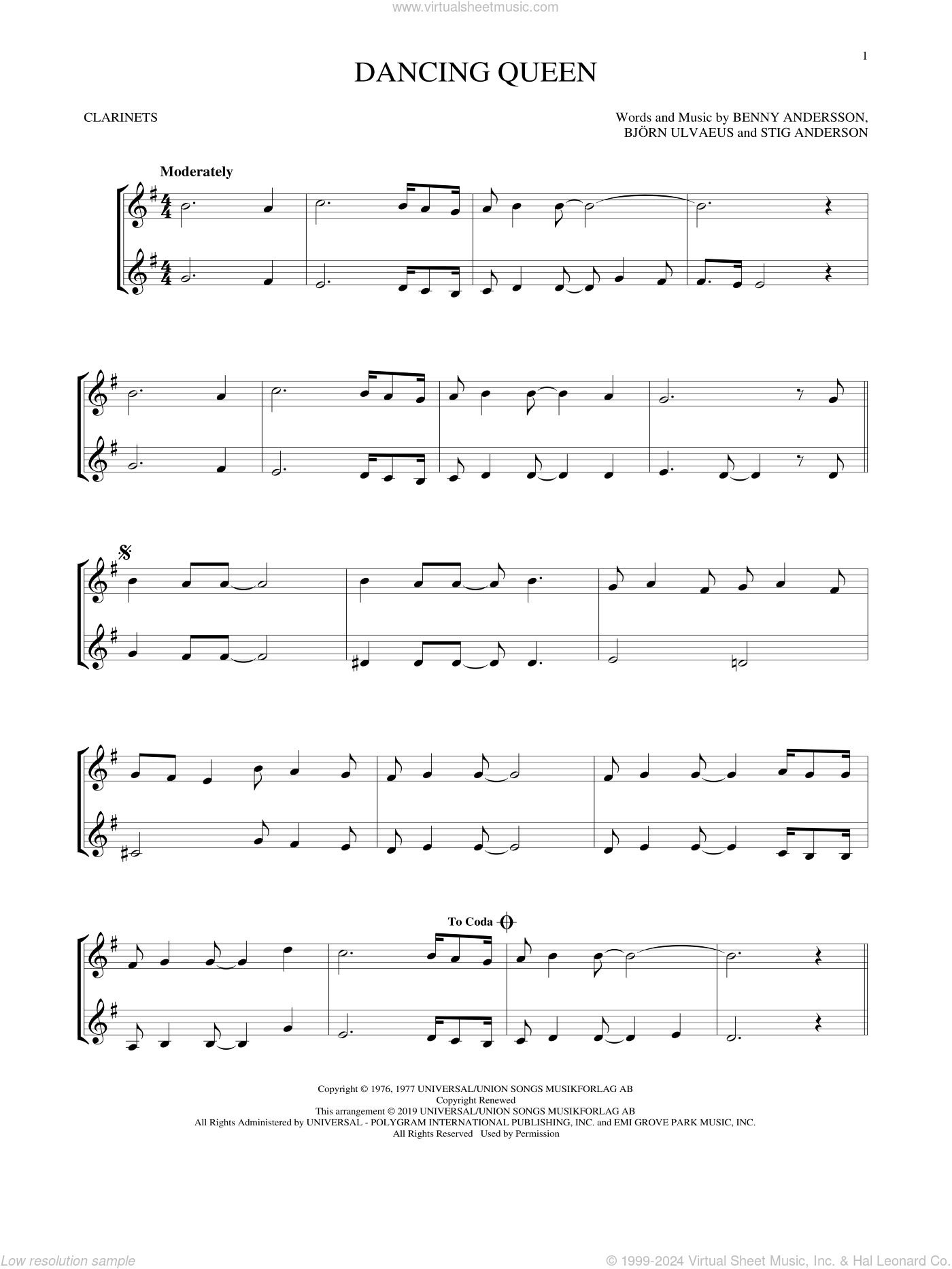 Dancing Queen sheet music for two clarinets (duets) (PDF)