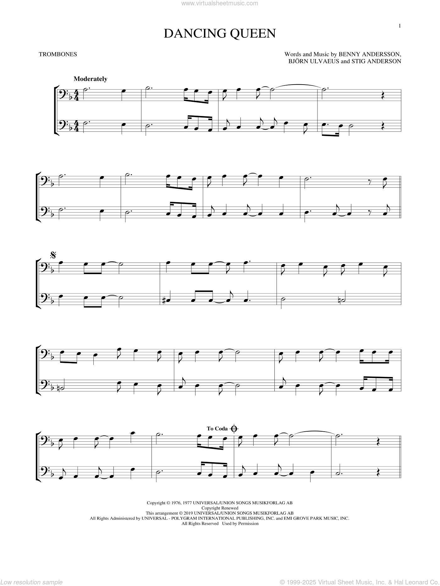 Dancing Queen sheet music for two trombones (duet, duets) (PDF)