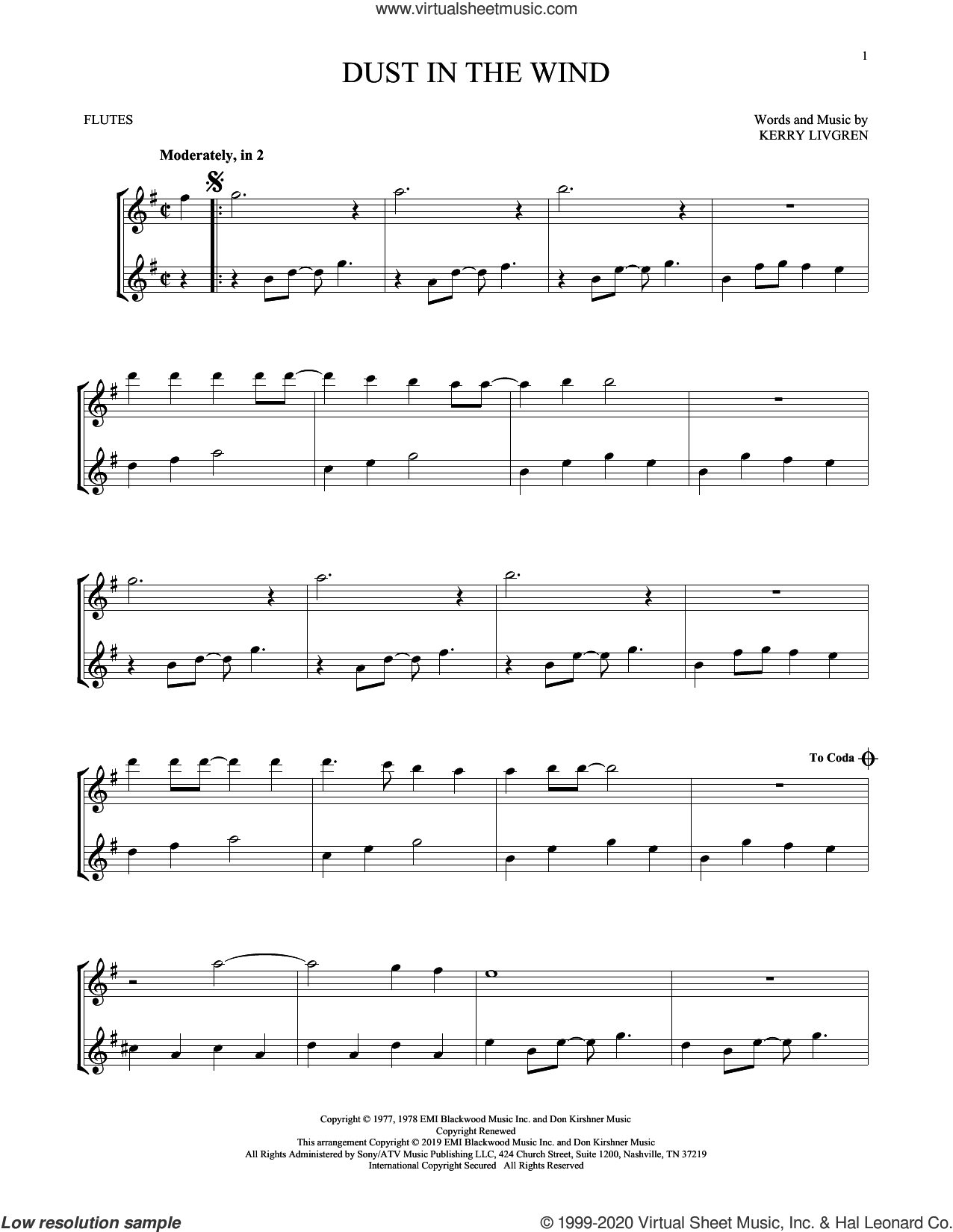 Dust In The Wind sheet music for two flutes (duets) (PDF)