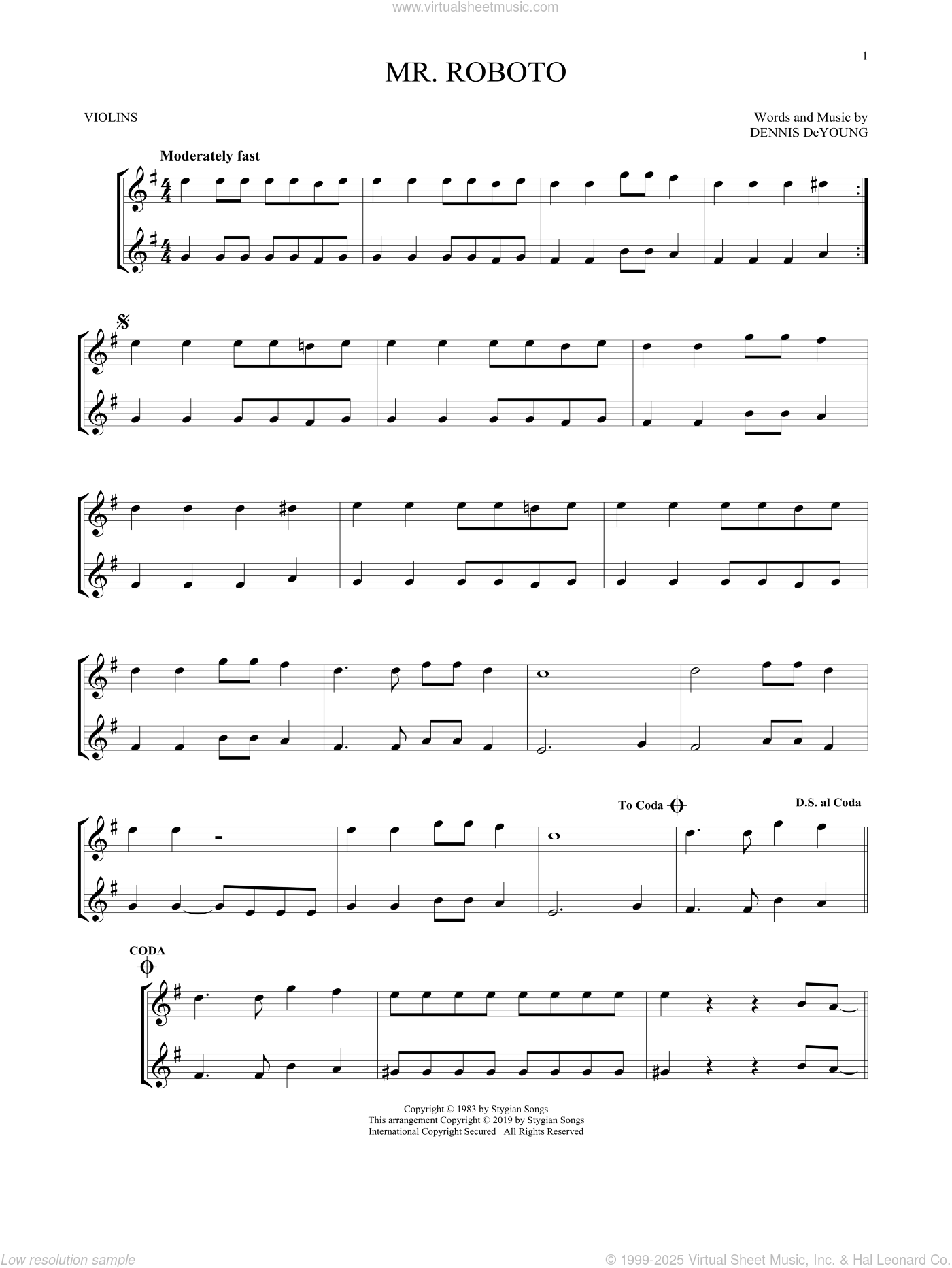 Mr. Roboto sheet music for two violins (duets, violin duets)