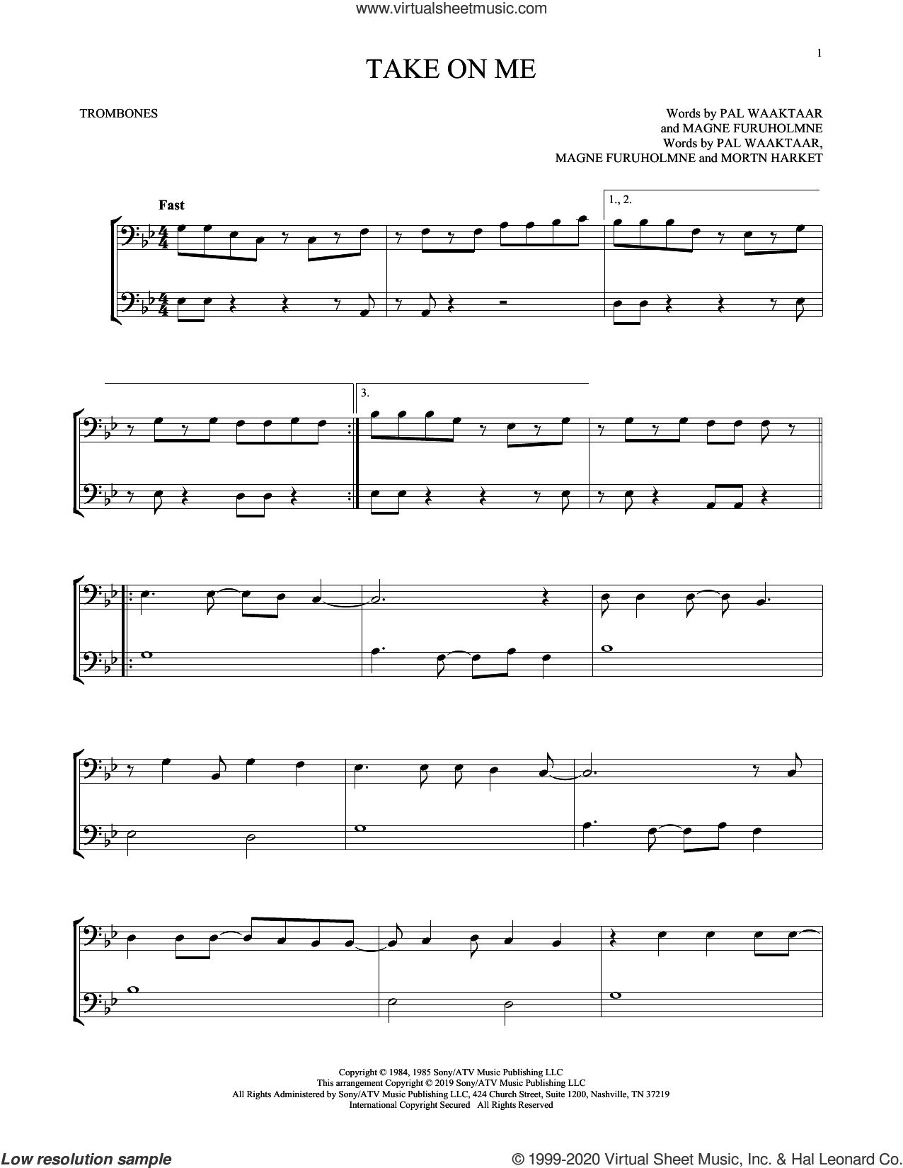 Take On Me sheet music for two trombones (duet, duets) (PDF)