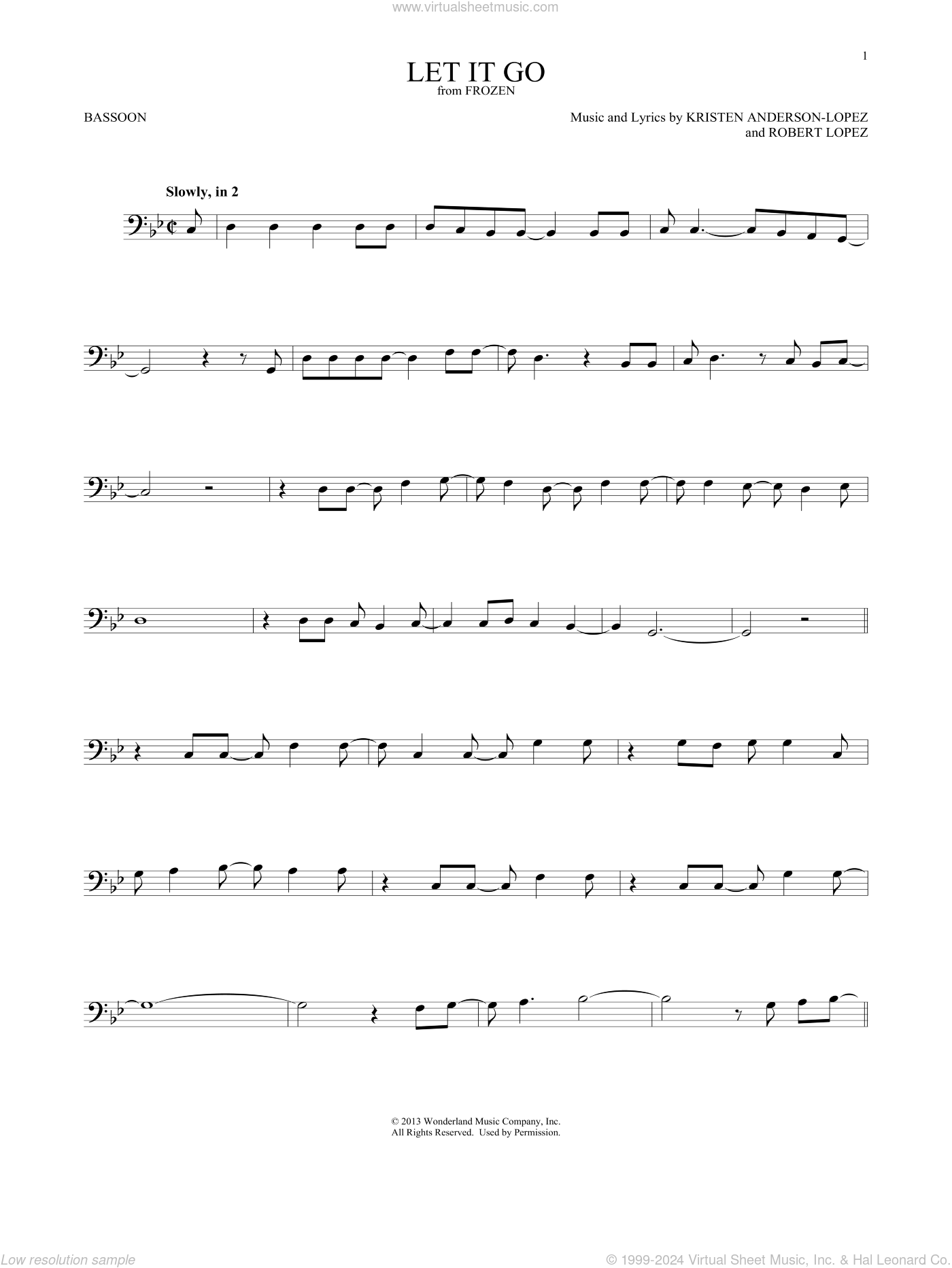 Let It Go (from Frozen) sheet music for Bassoon Solo (PDF)