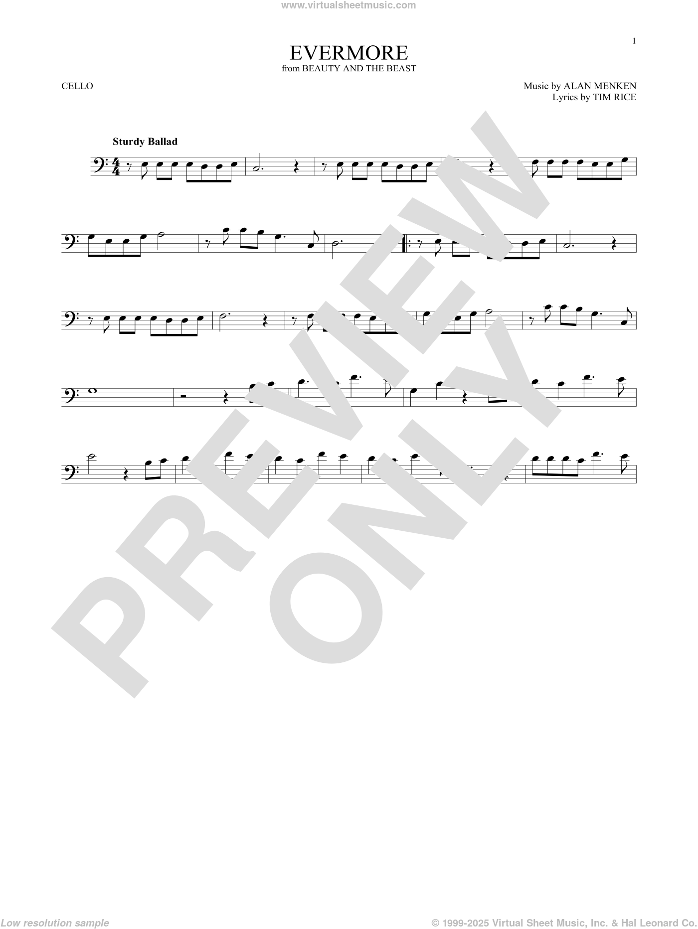 Alan Menken: Evermore (from Beauty and The Beast) sheet music for cello solo