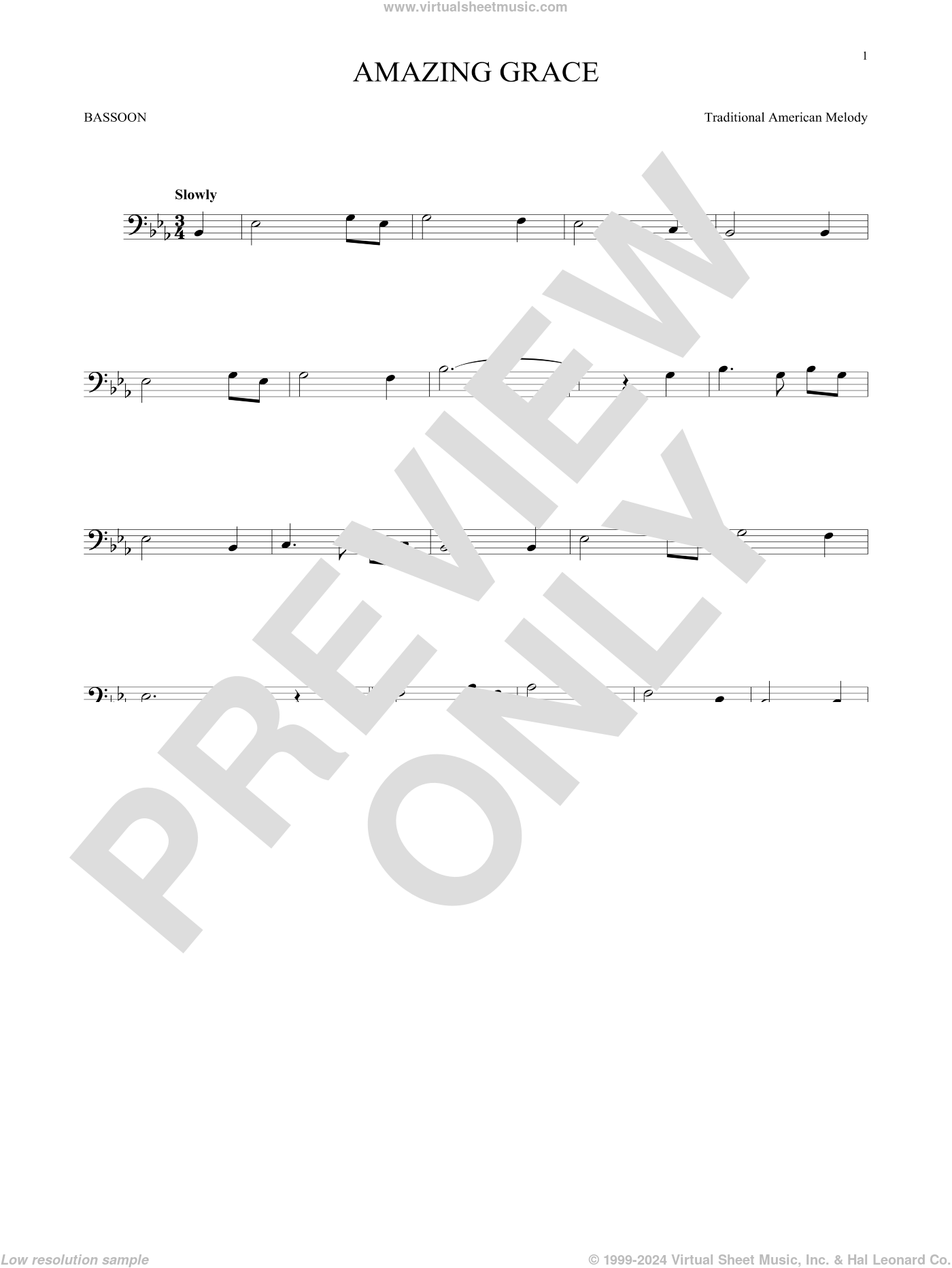 Amazing Grace sheet music for Bassoon Solo (PDF-interactive)
