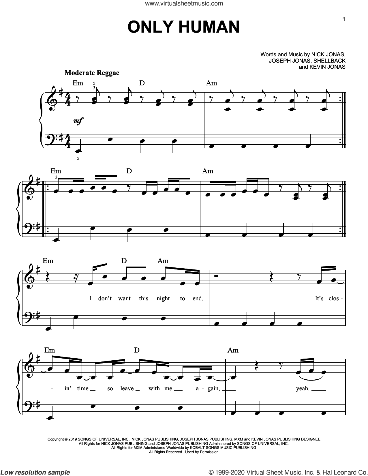 Only Human sheet music for piano solo (PDF-interactive)