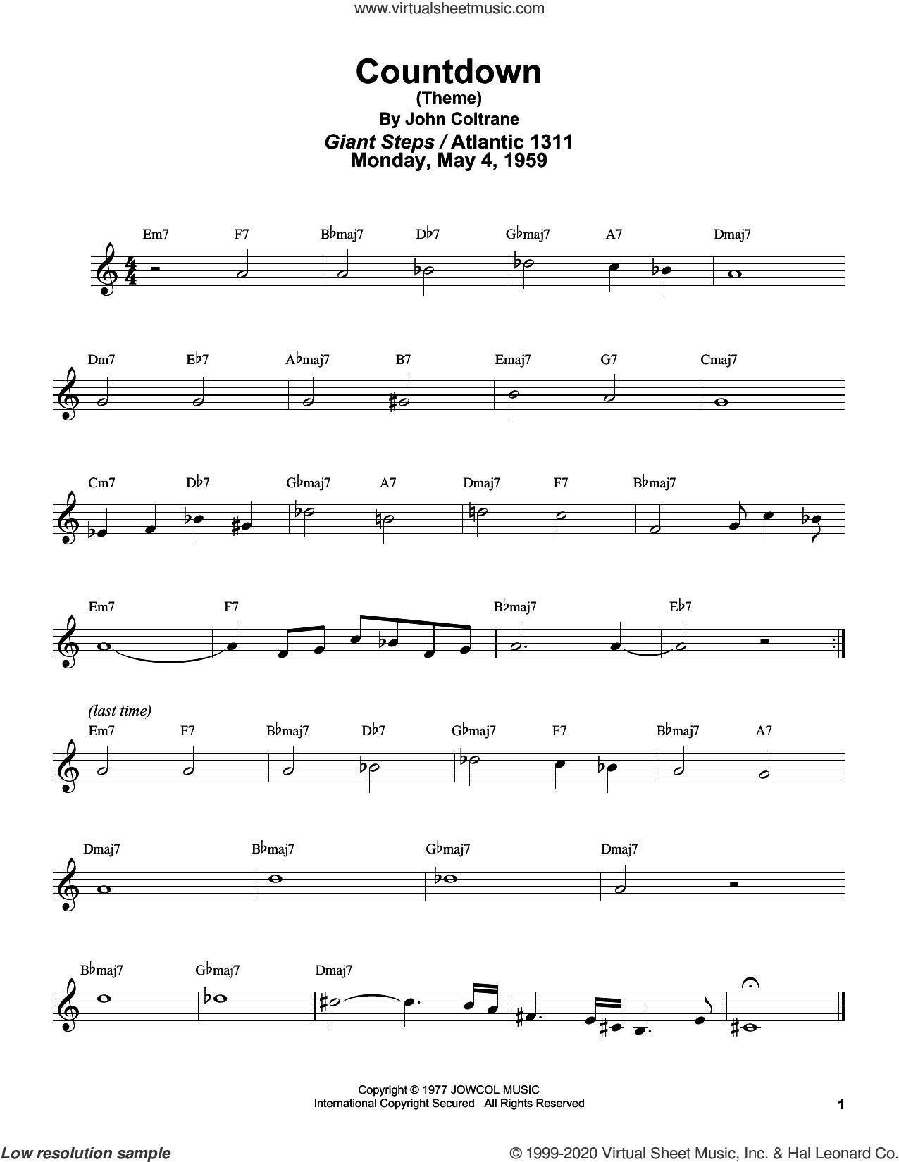 Countdown sheet music for tenor saxophone solo (transcription)