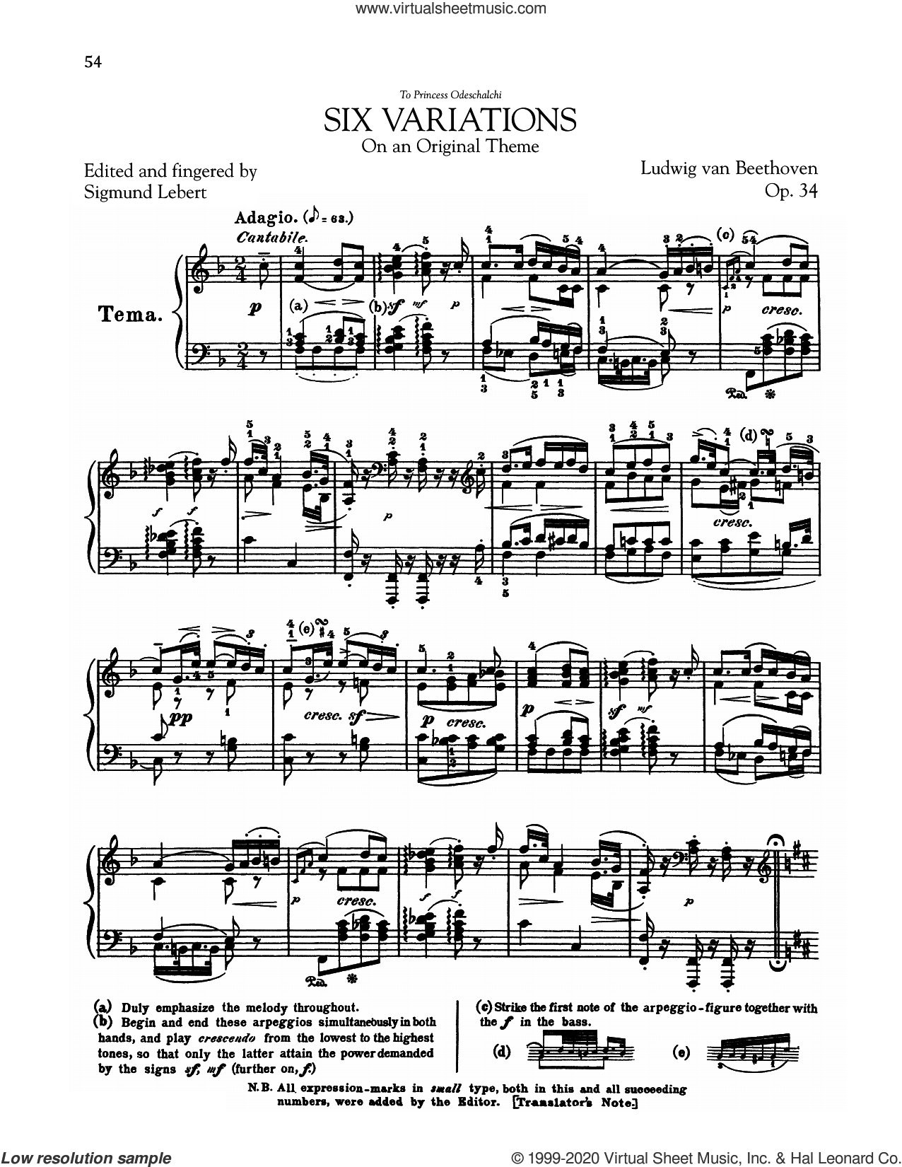 6 Variations, Op. 34 sheet music for piano solo (PDF)
