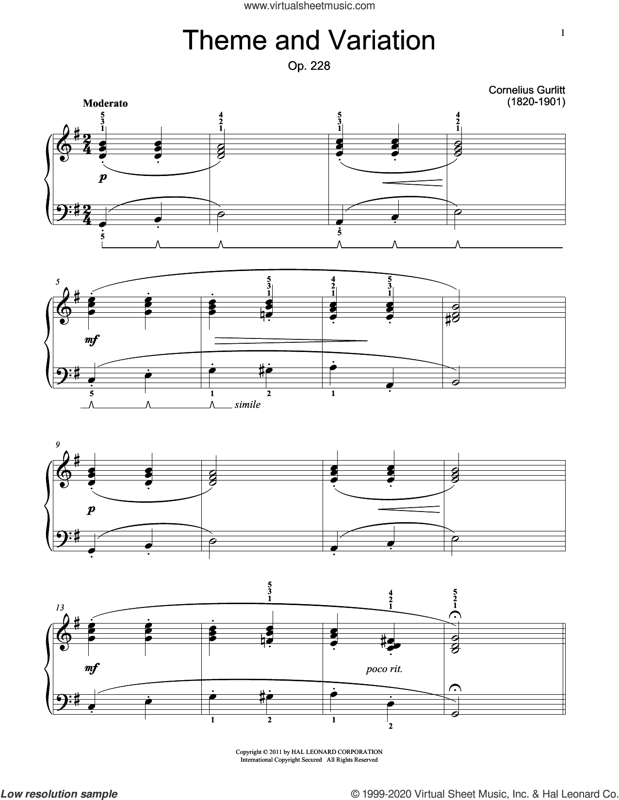 Theme And Variations, Op. 228 sheet music for piano solo (elementary)