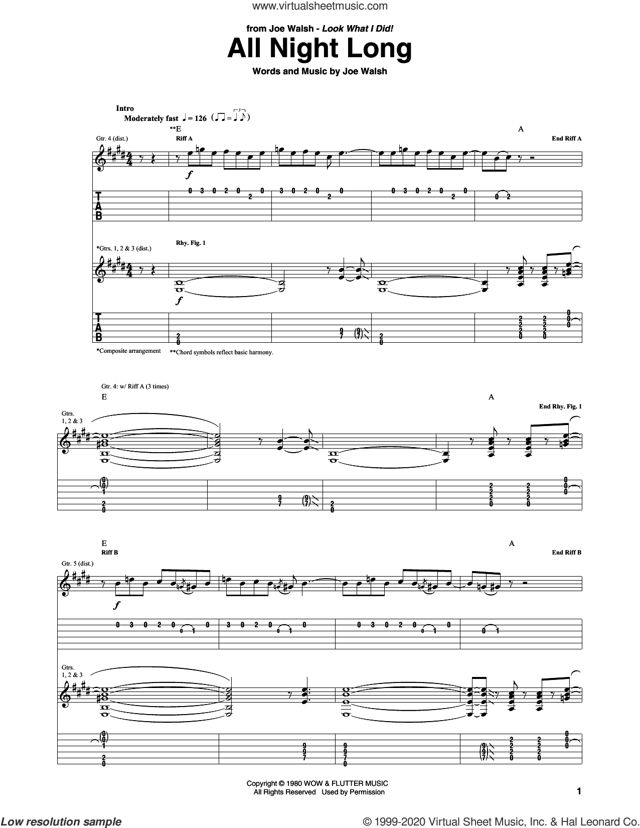 Joe Walsh: All Night Long sheet music for guitar (tablature)