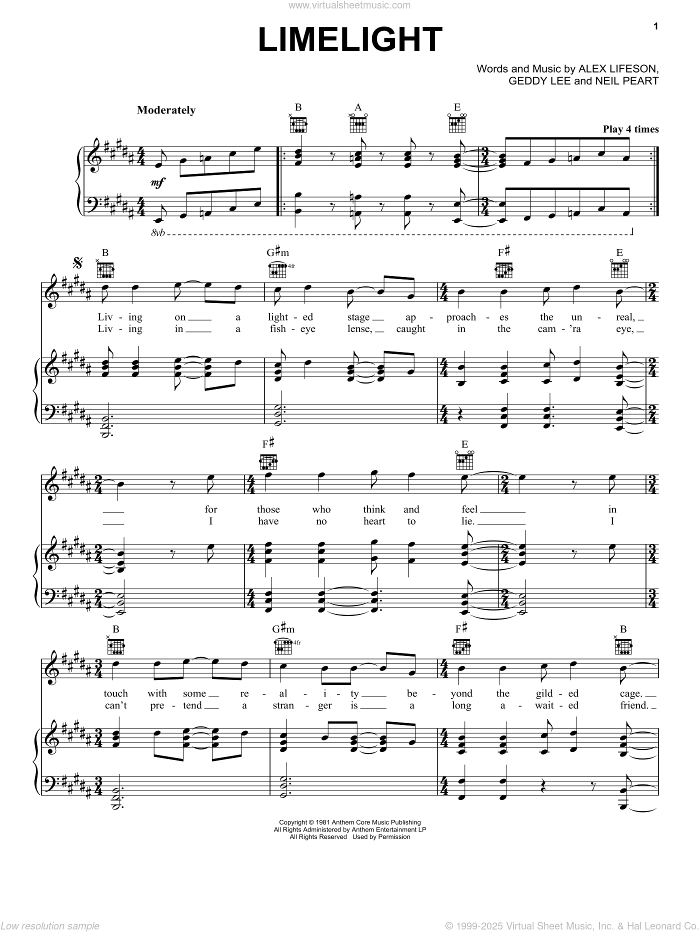 Rush: Limelight sheet music for voice, piano or guitar (PDF)