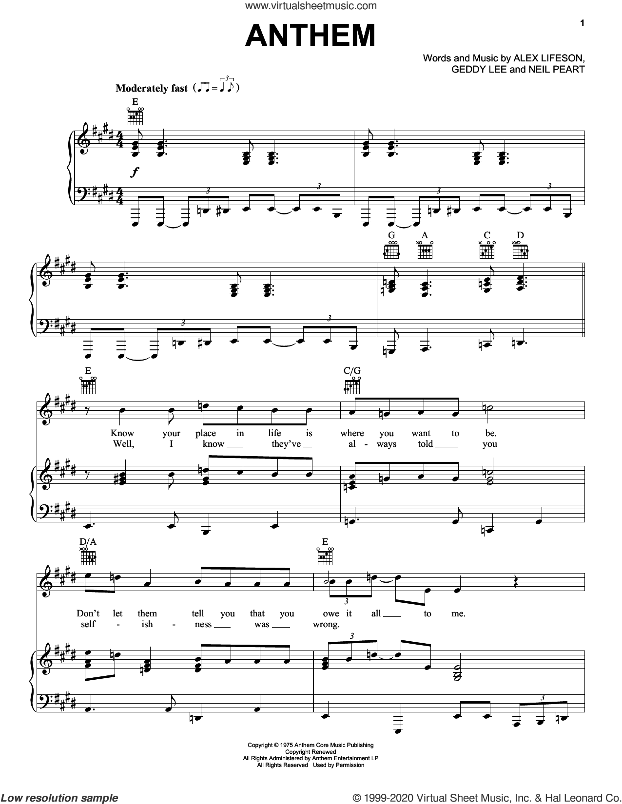 Rush: Anthem sheet music for voice, piano or guitar (PDF)