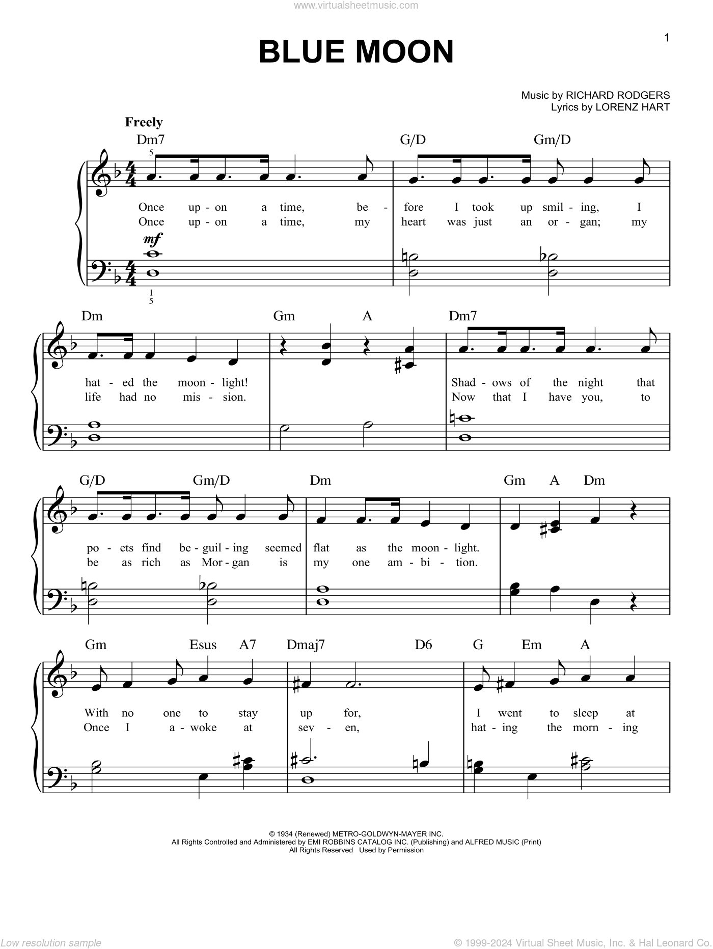 Blue Moon sheet music for piano solo (PDF-interactive)