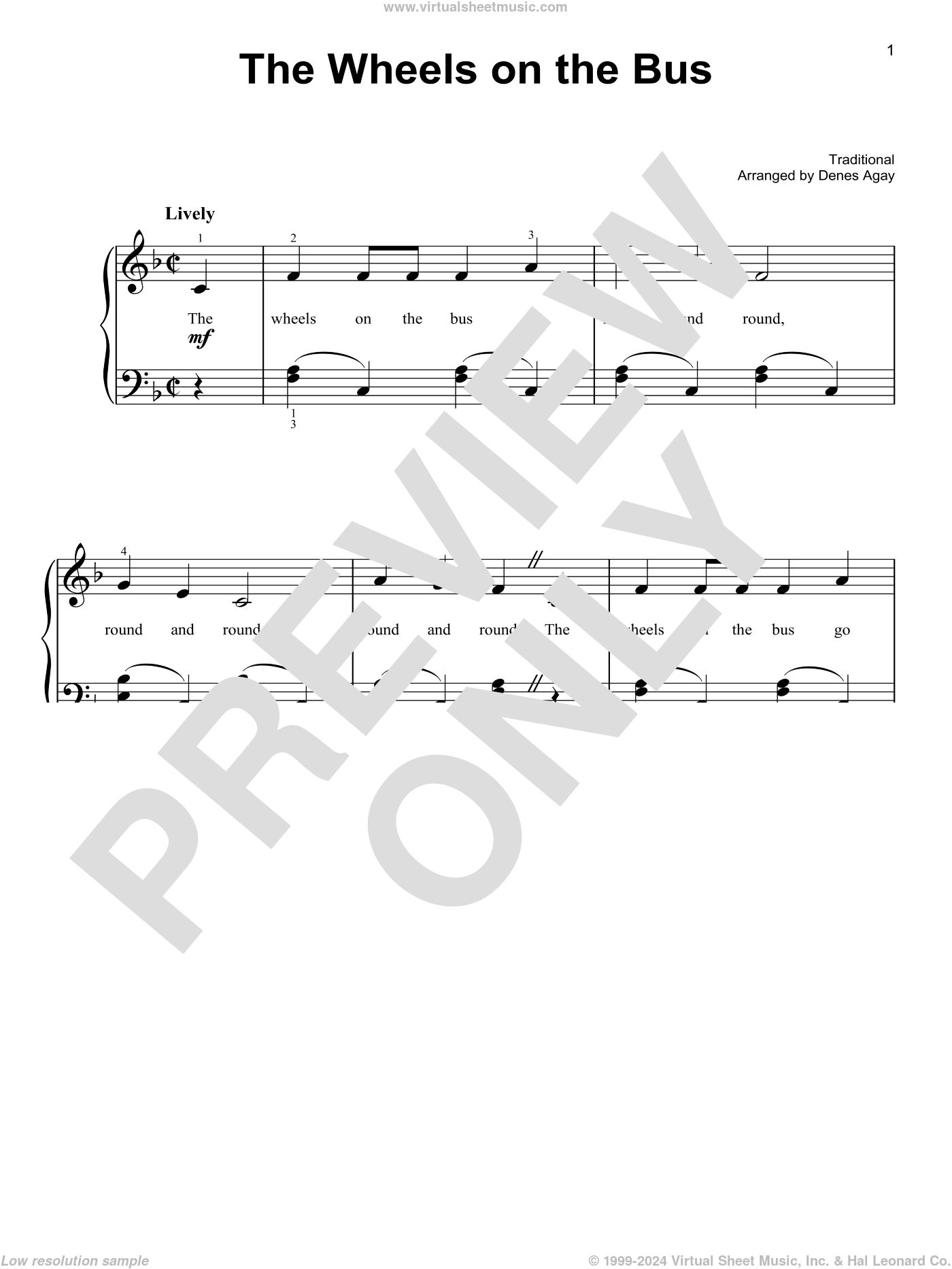 The Wheels On The Bus (arr. Denes Agay) sheet music for piano solo