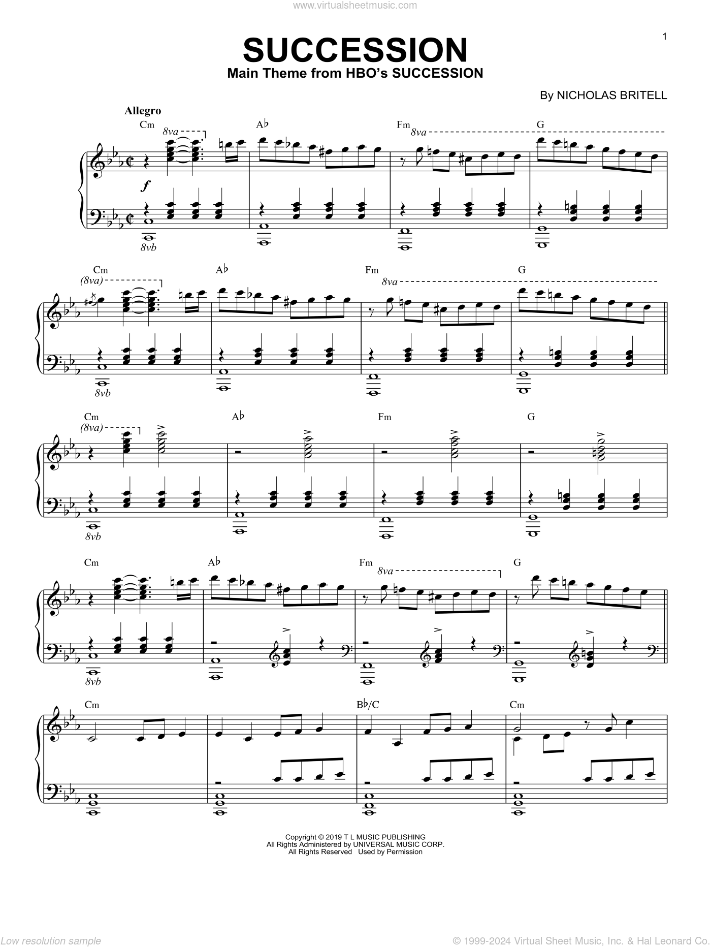 Succession Theme sheet music for piano solo (PDF-interactive)