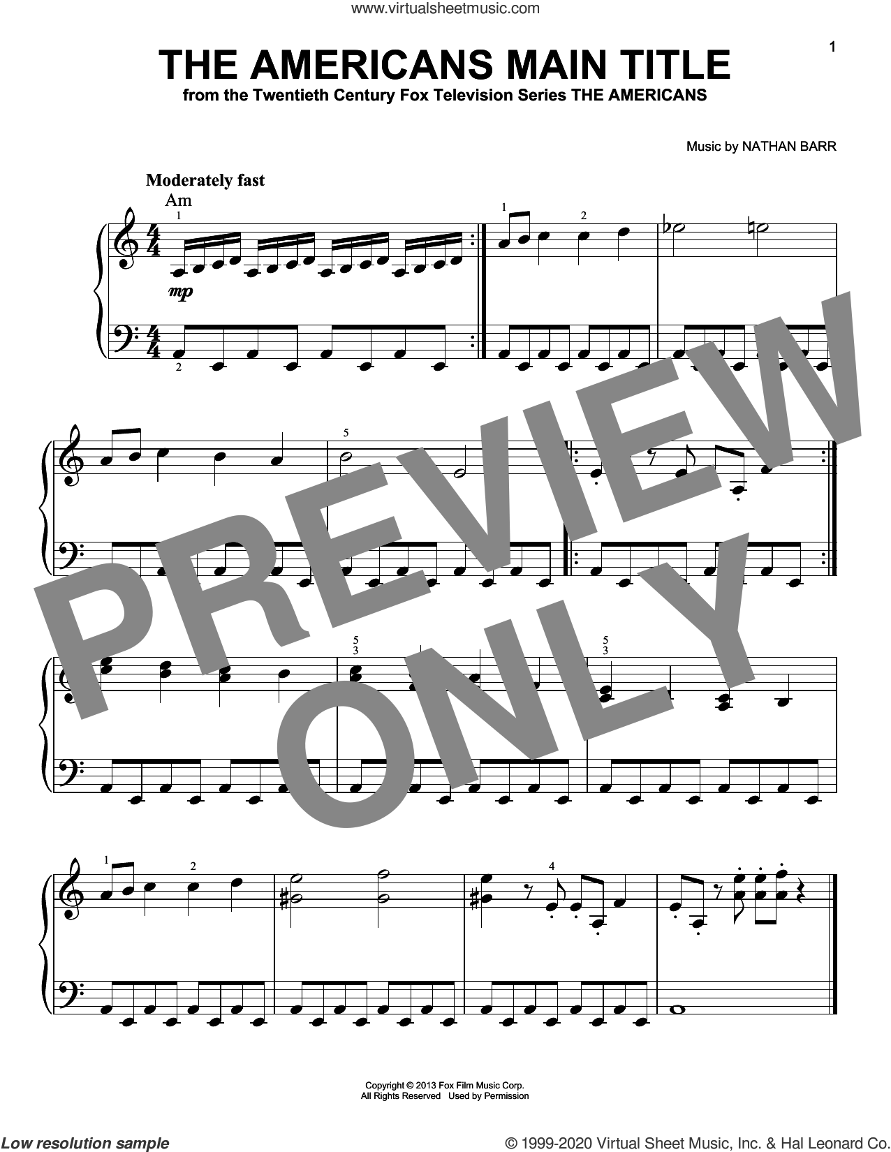 The Americans Main Title, (beginner) sheet music for piano solo