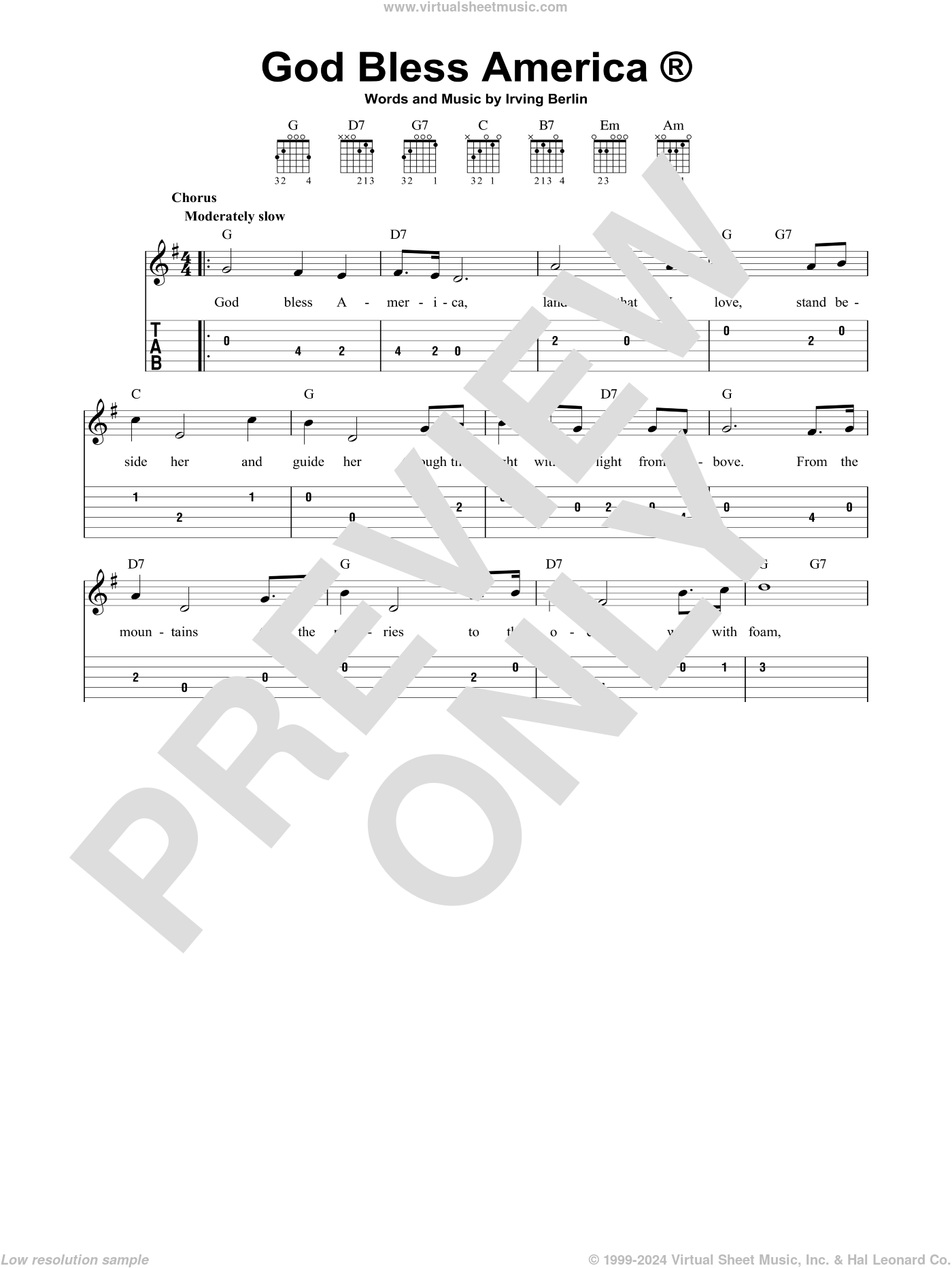 God Bless America sheet music for guitar solo (easy tablature)