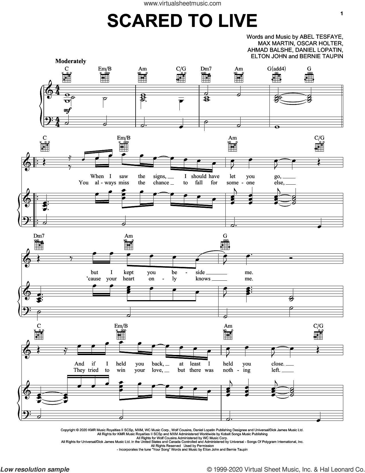 Scared To Live sheet music for voice, piano or guitar (PDF)