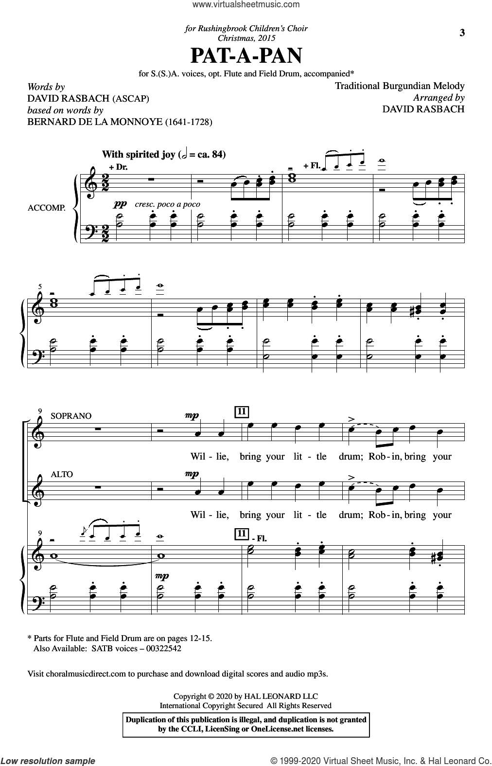 Pat-A-Pan (arr. David Rasbach) sheet music for choir (SSA: soprano, alto)