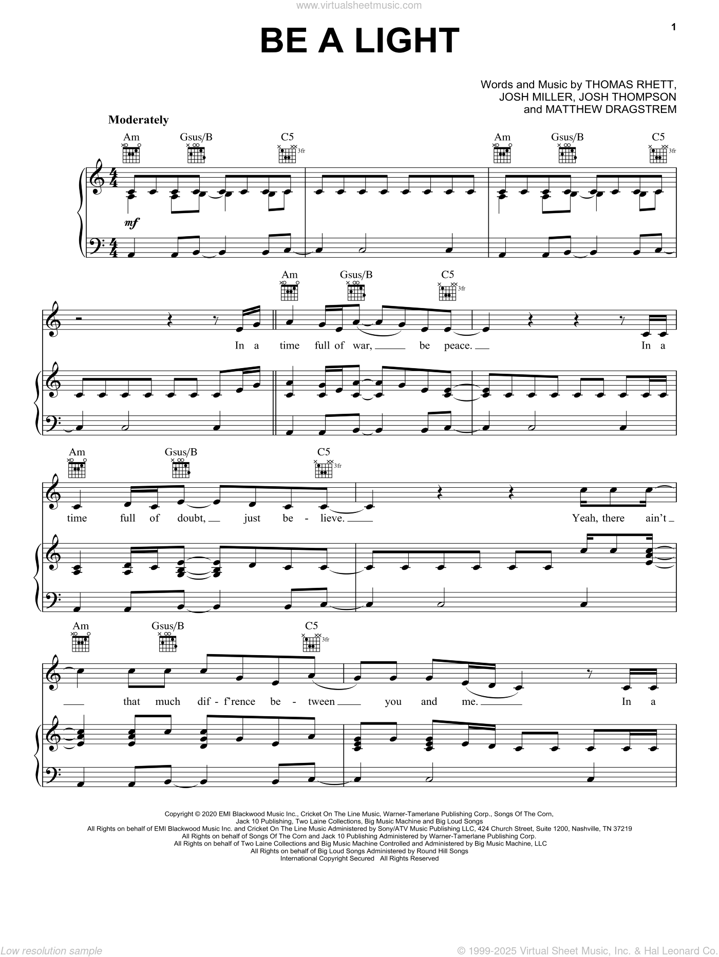 Be A Light sheet music for voice, piano or guitar (PDF)