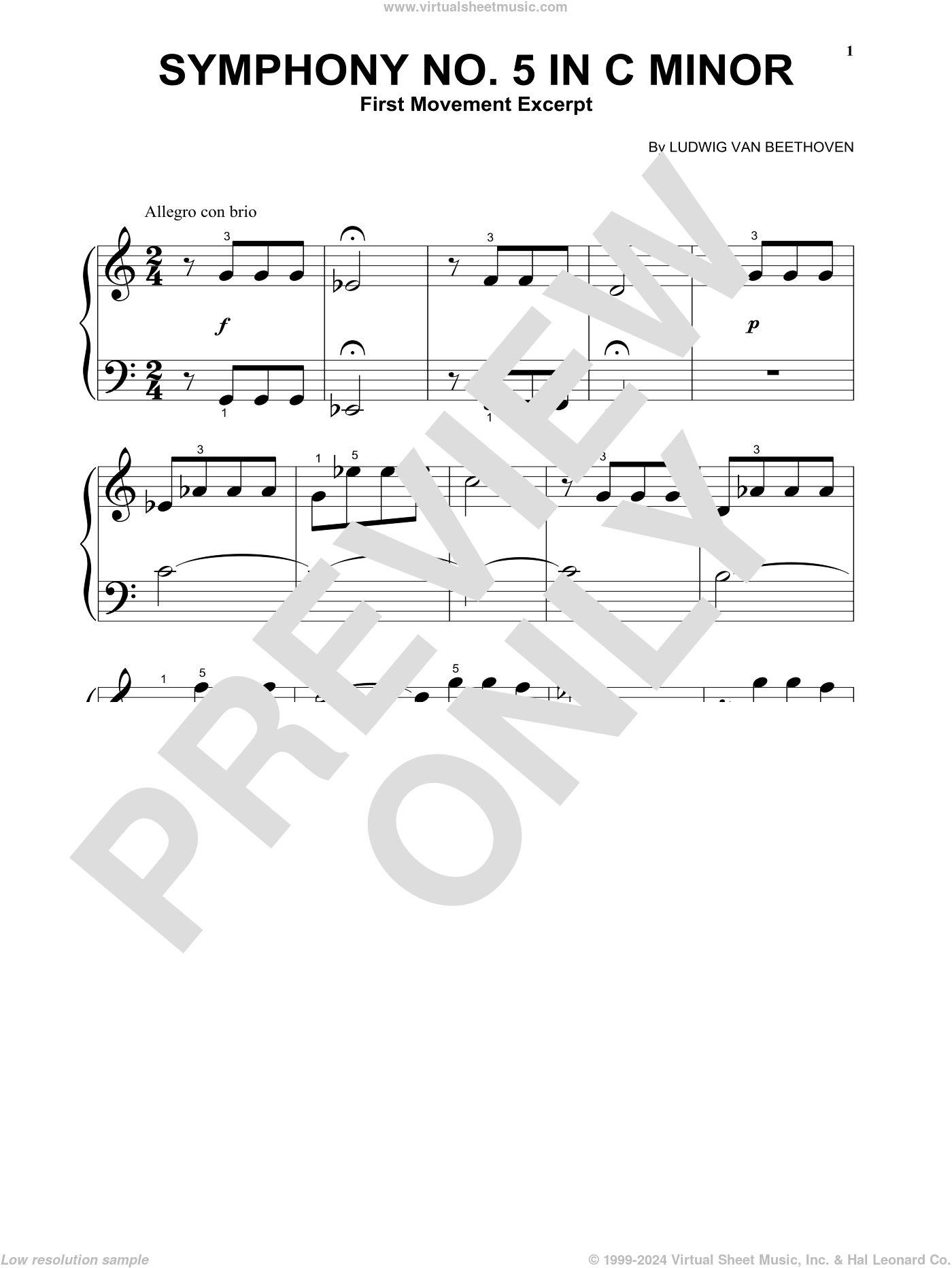 Symphony No. 5 In C Minor, First Movement Excerpt sheet music for piano ...